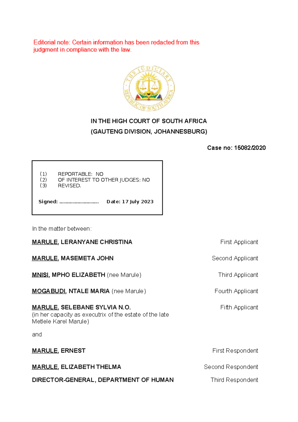 Marule and Others v Marule and Others (150822020) 2023 Zagpjhc 1559 (18 ...