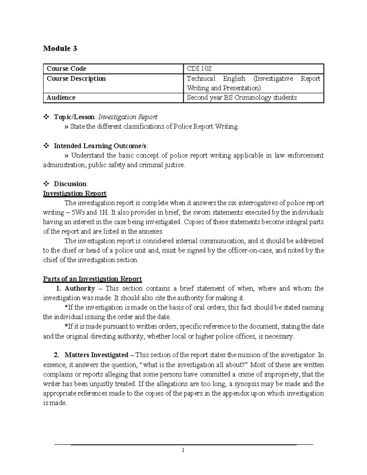 Module-3 - Helps you to understand more. - 1 Module 3 Course Code CDI 102 Course Description ...