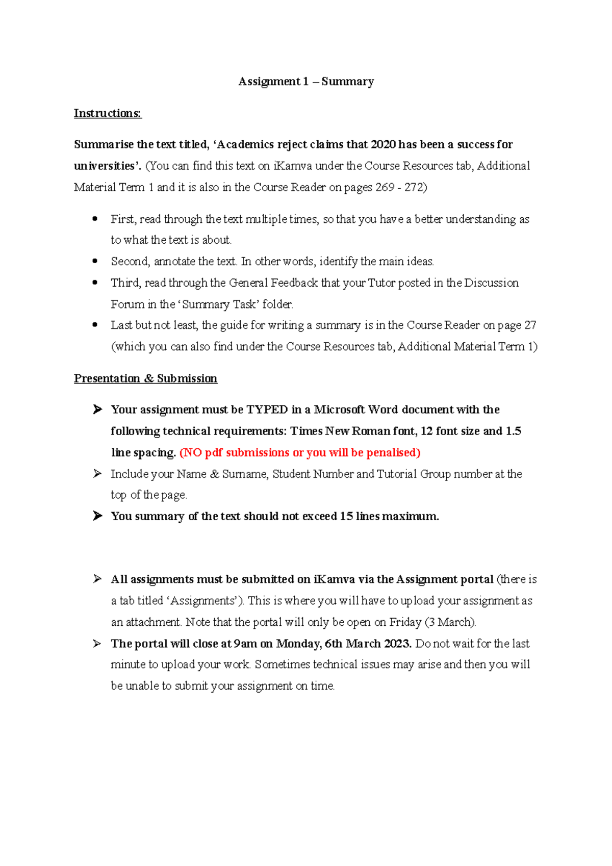 Assignment 1 - Summary instructions - Assignment 1 – Summary ...