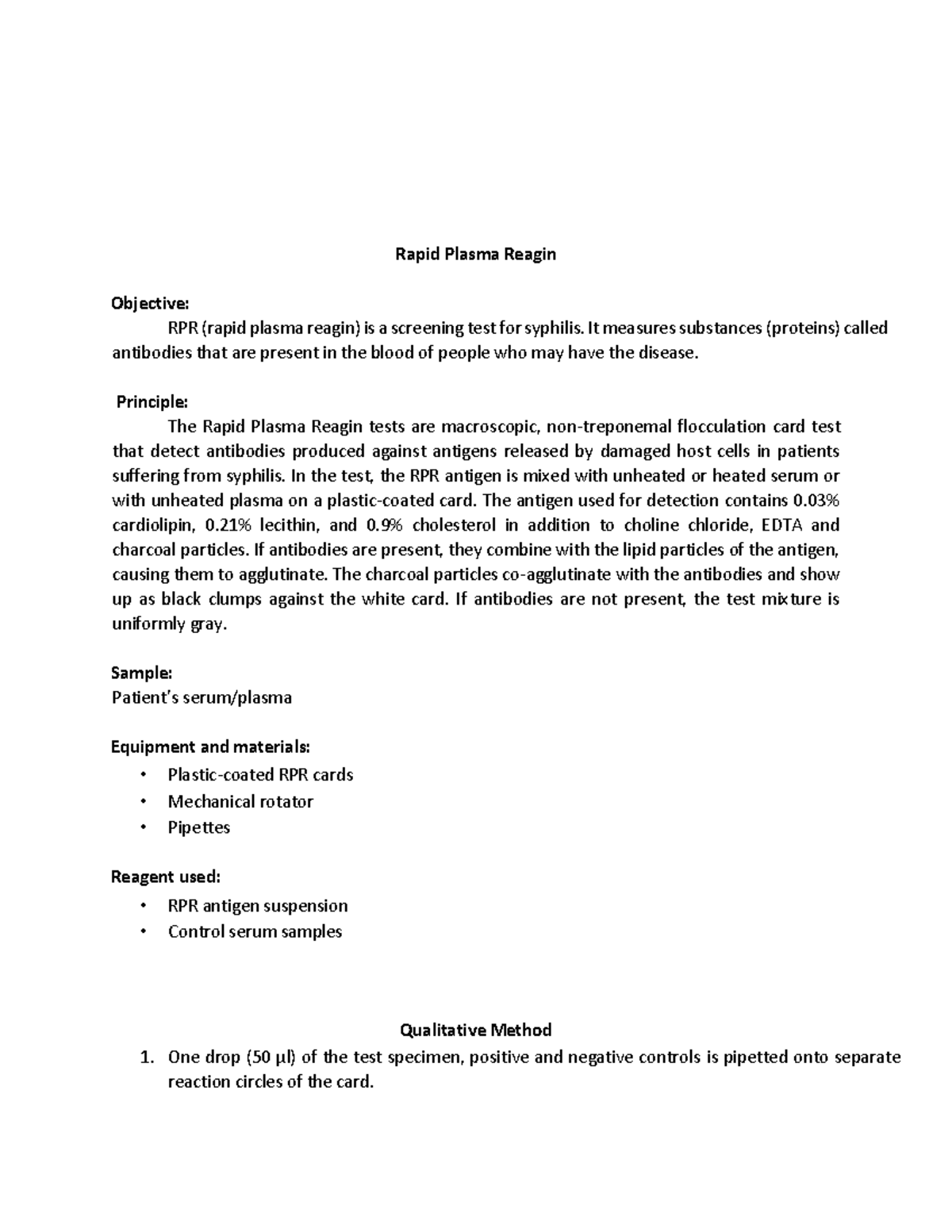 Rapid Plasma Reagin - Rapid Plasma Reagin Objective: RPR (rapid plasma ...