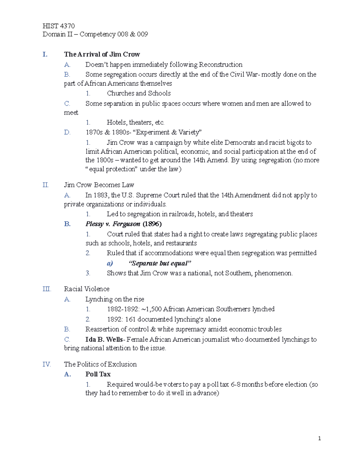 The Rise of Jim Crow - HIST 4370 Domain II – Competency 008 & 009 I ...