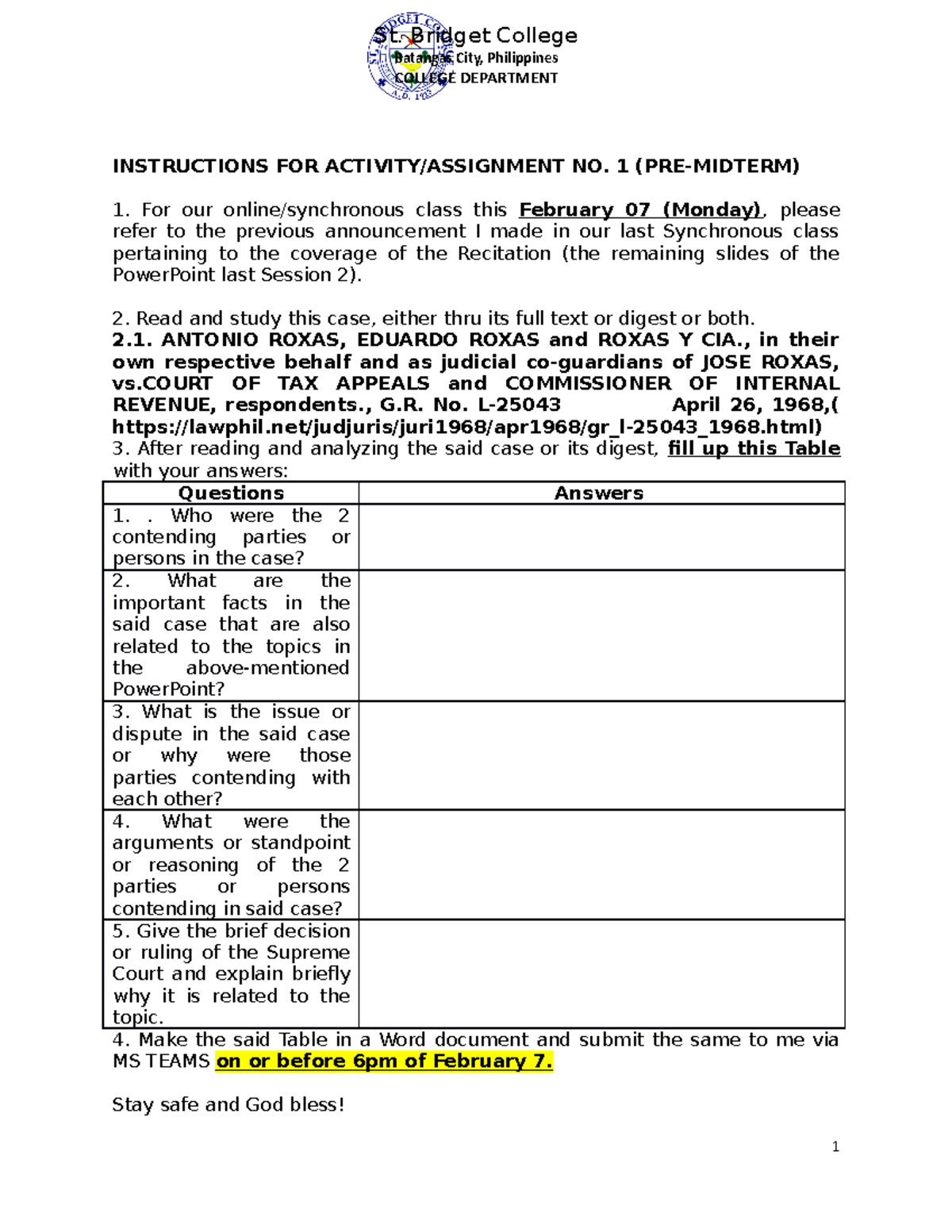 Assignment Activity No. 1 Tax 101 - INSTRUCTIONS FOR ACTIVITY ...