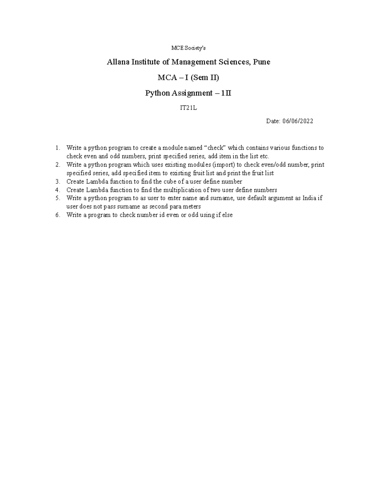 Python Assignment-3 - MCE Society’s Allana Institute of Management ...