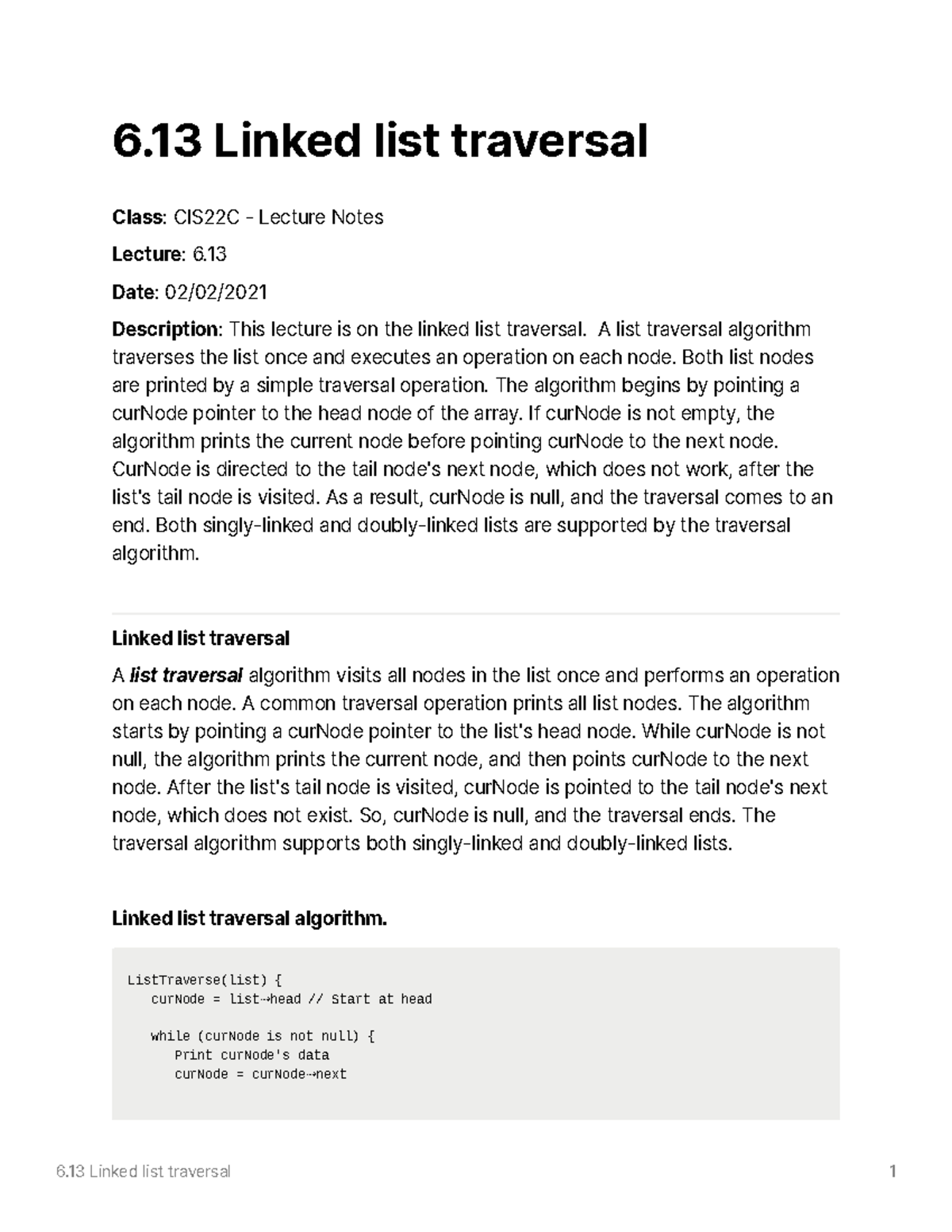 6.13 Linked list traversal - 6 Linked list traversal Class : CIS22C ...