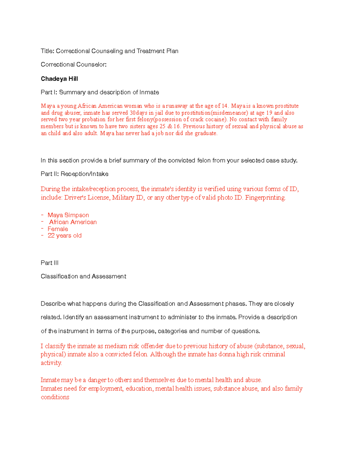 Treatment plan - Title: Correctional Counseling and Treatment Plan ...