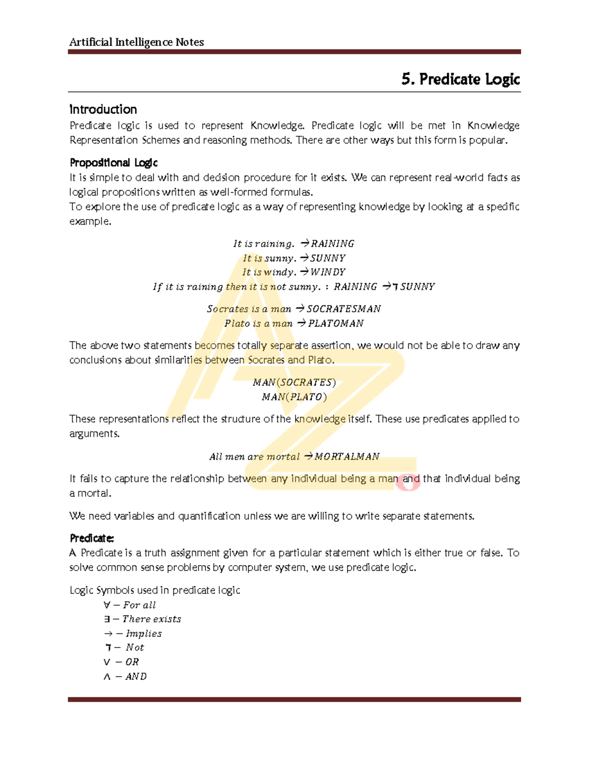 AI Mod2 - aiml 18 scheme - 5. Predicate Logic Introduction Predicate logic is used to represent ...