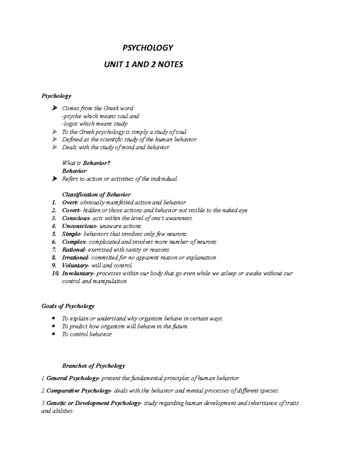 Notes in Psychology - PSYCHOLOGY UNIT 1 AND 2 NOTES Psychology Comes ...