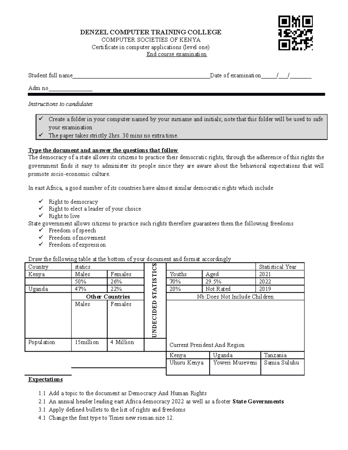 Practical examination - DENZEL COMPUTER TRAINING COLLEGE COMPUTER ...