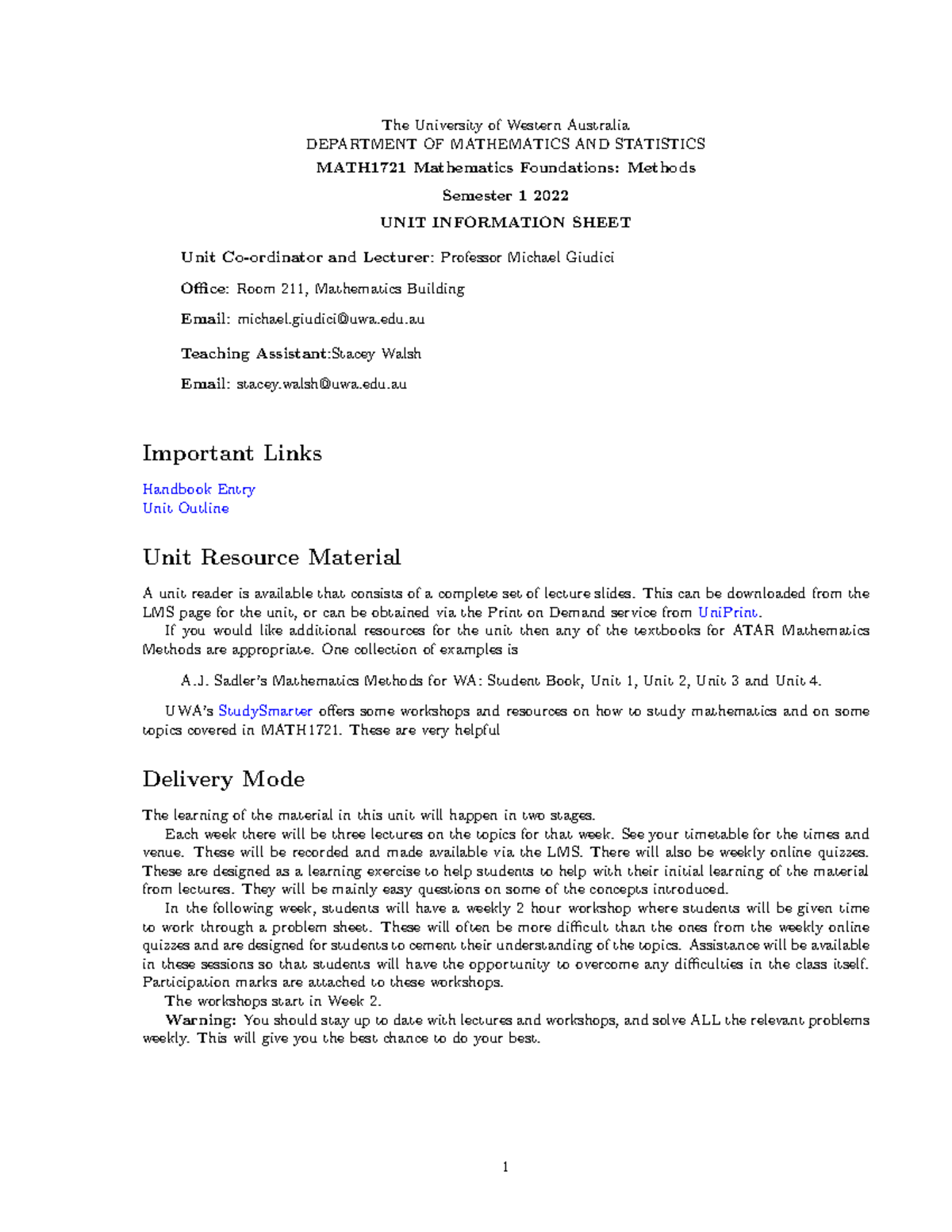 Unit Information Sheet - The University of Western Australia DEPARTMENT ...