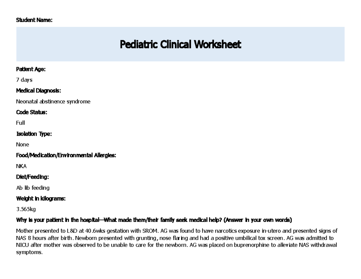 Pediatric clinical worksheet Pt#2 - Student Name: Pediatric Clinical ...