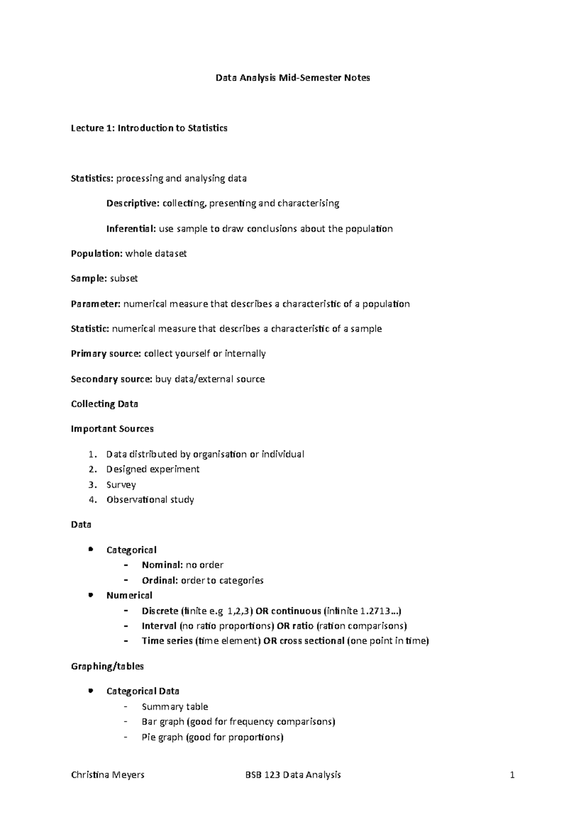 Revision Notes, Data Analysis, courses 1-6 - Data Analysis Mid-Semester ...