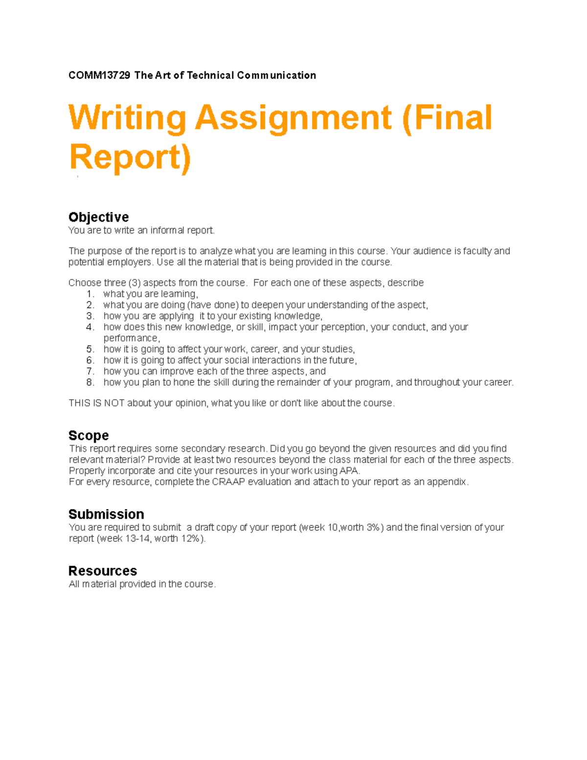 Final Report Assignment - COMM13729 The Art of Technical Communication ...