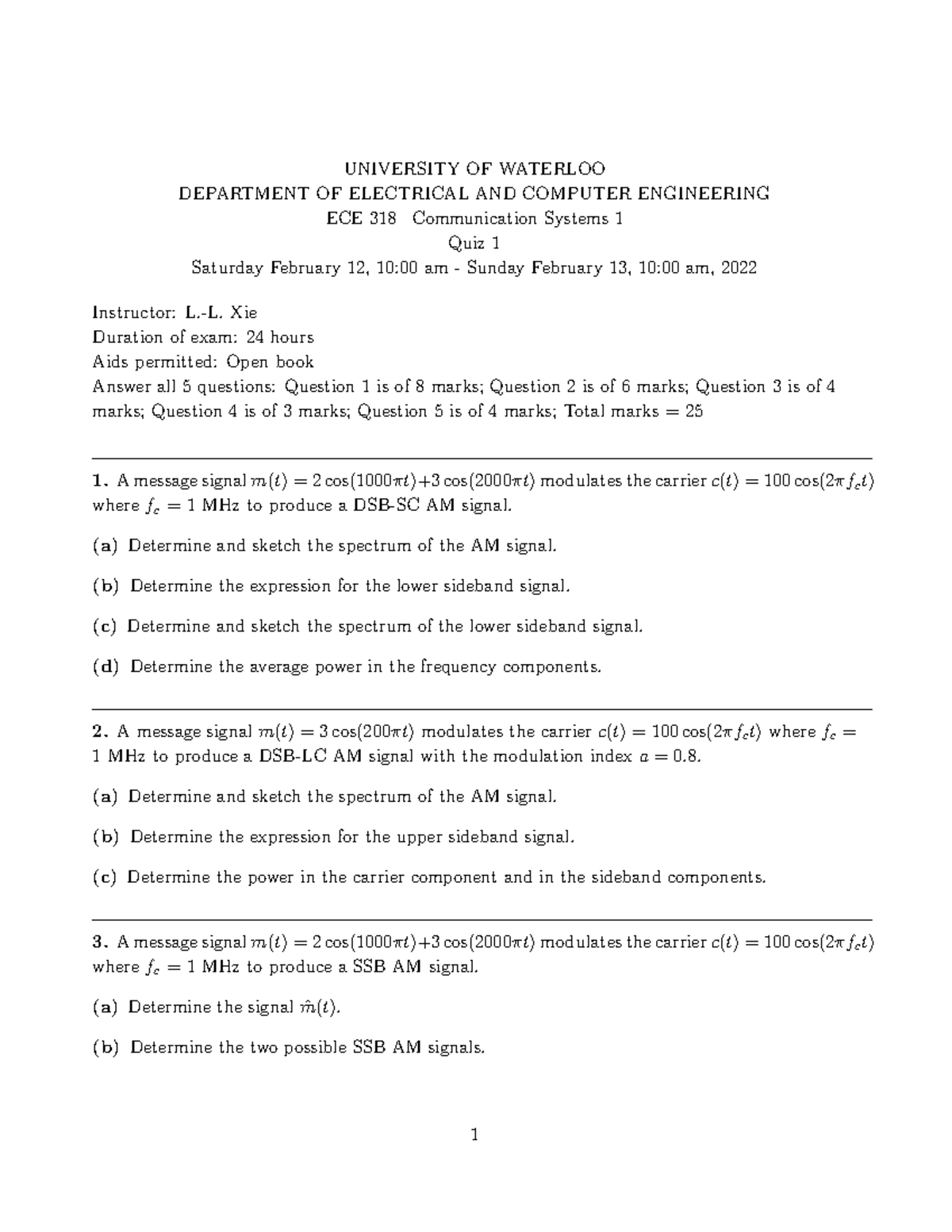 ECE318 Quiz 1 - Instructor: L.-L. Xie - UNIVERSITY OF WATERLOO ...