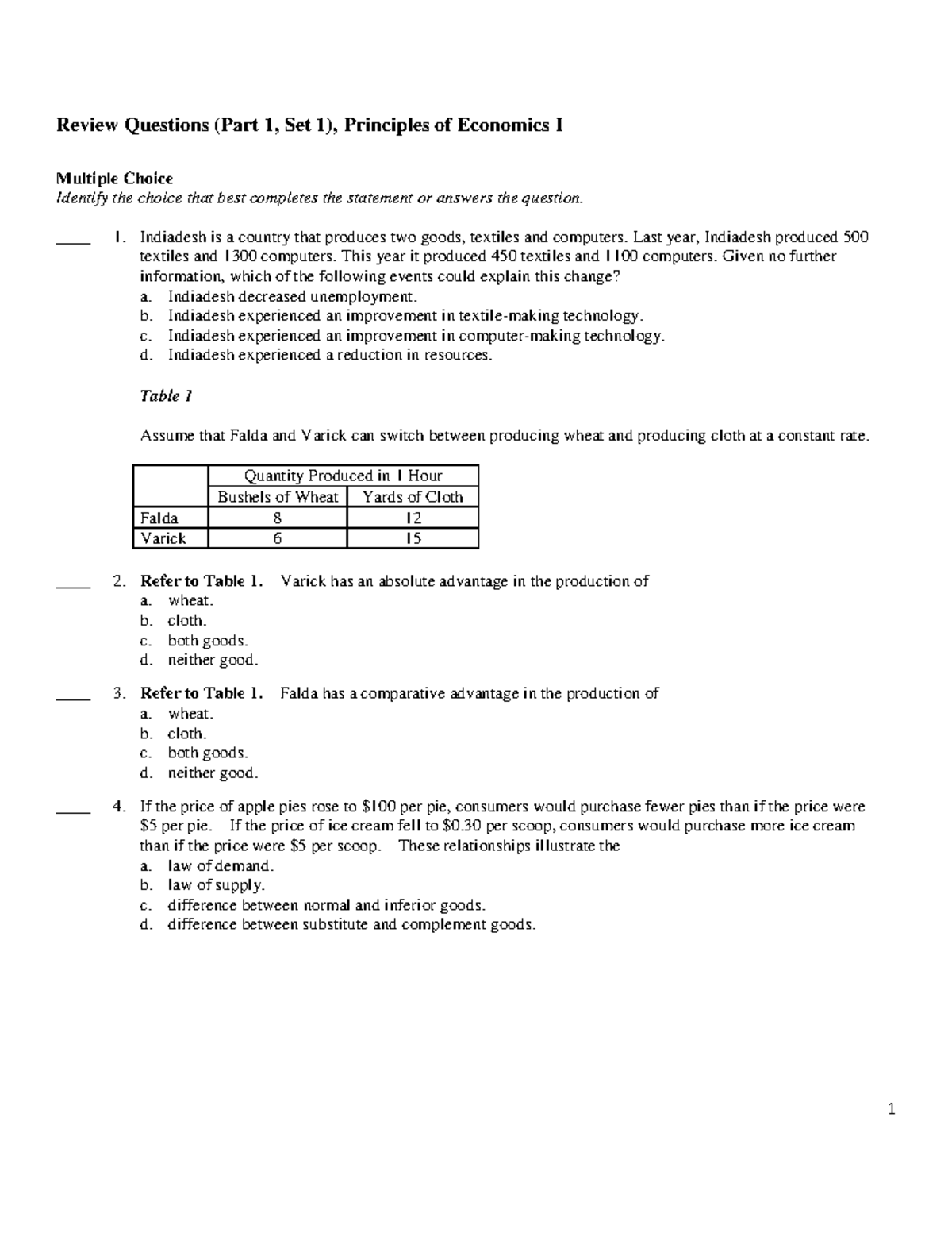 Review Q Mid1 - 샘플문제 - Review Questions (Part 1, Set 1), Principles of Economics I Multiple ...