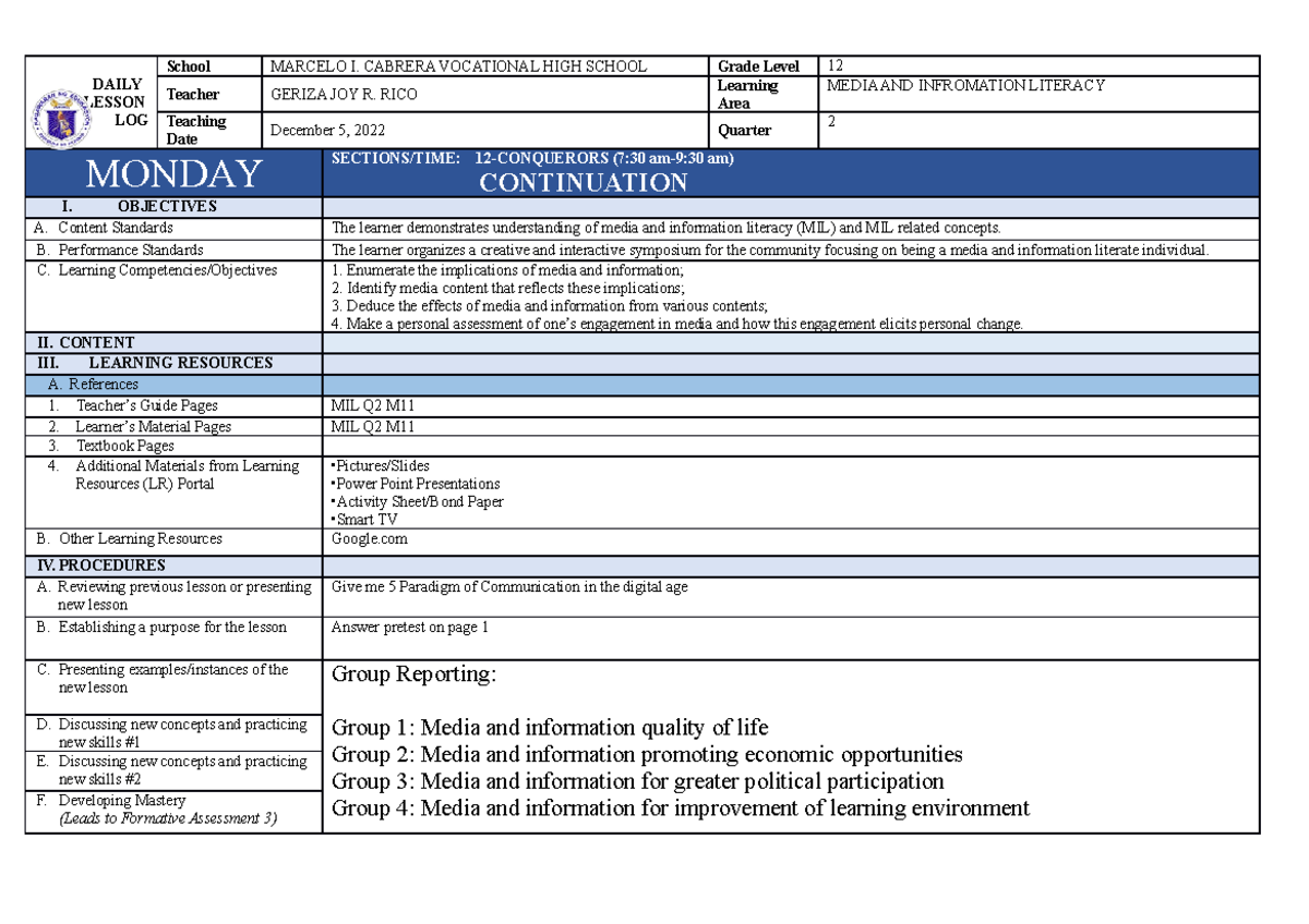 ~$L MIL Q2 M11 - Lesson Plan - DAILY LESSON LOG School MARCELO I ...