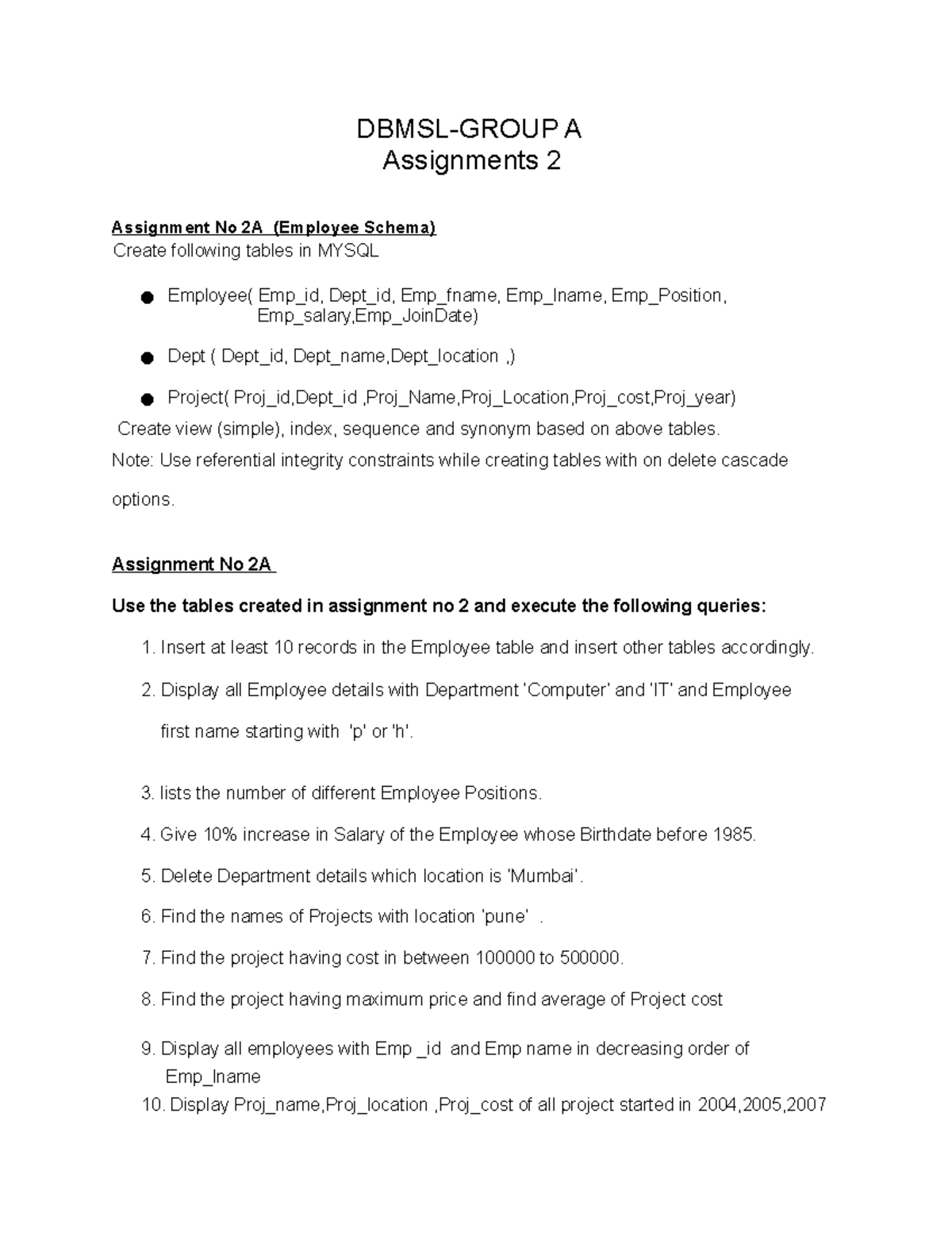 Assi2 schema - Related to dbms - DBMSL-GROUP A Assignments 2 Assignment No 2A (Employee Schema ...