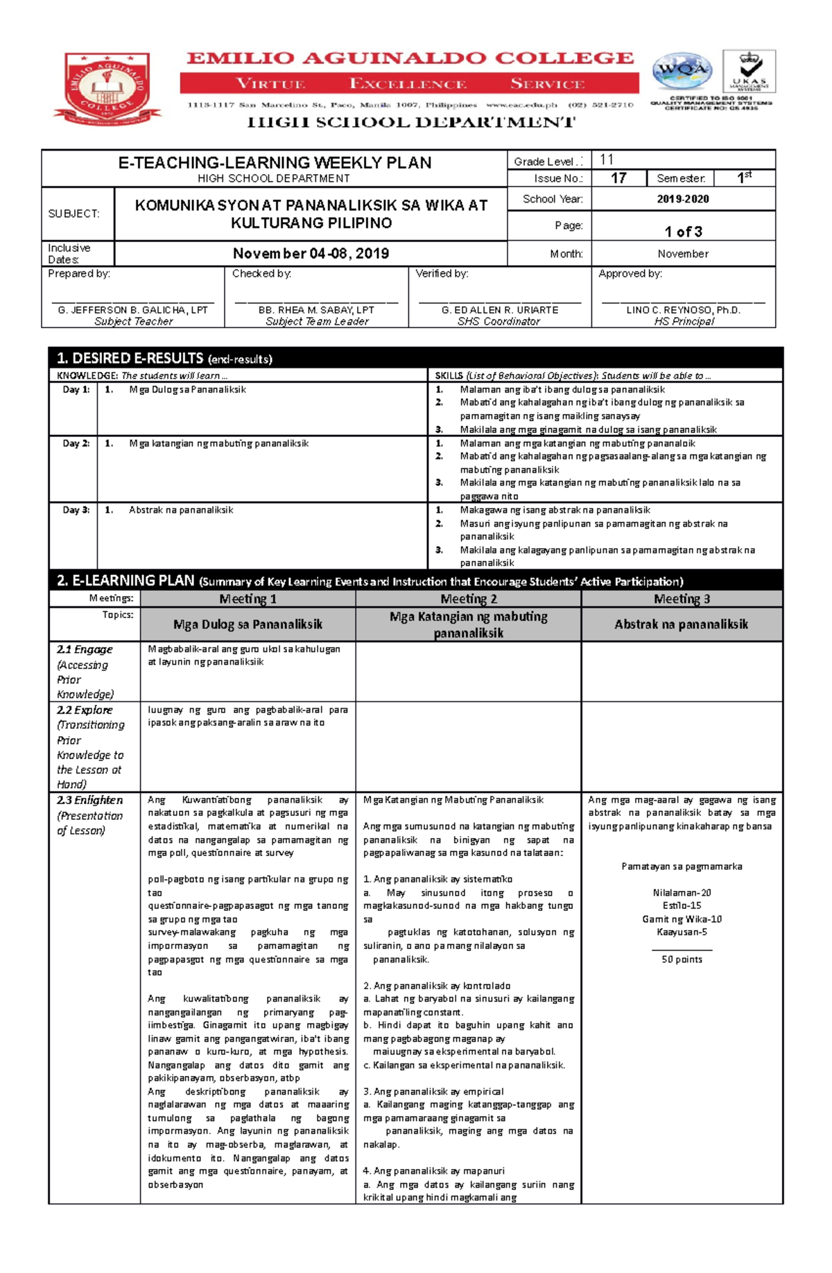 Komunikasyon Lesson Plan 17th week - E-TEACHING-LEARNING WEEKLY PLAN ...