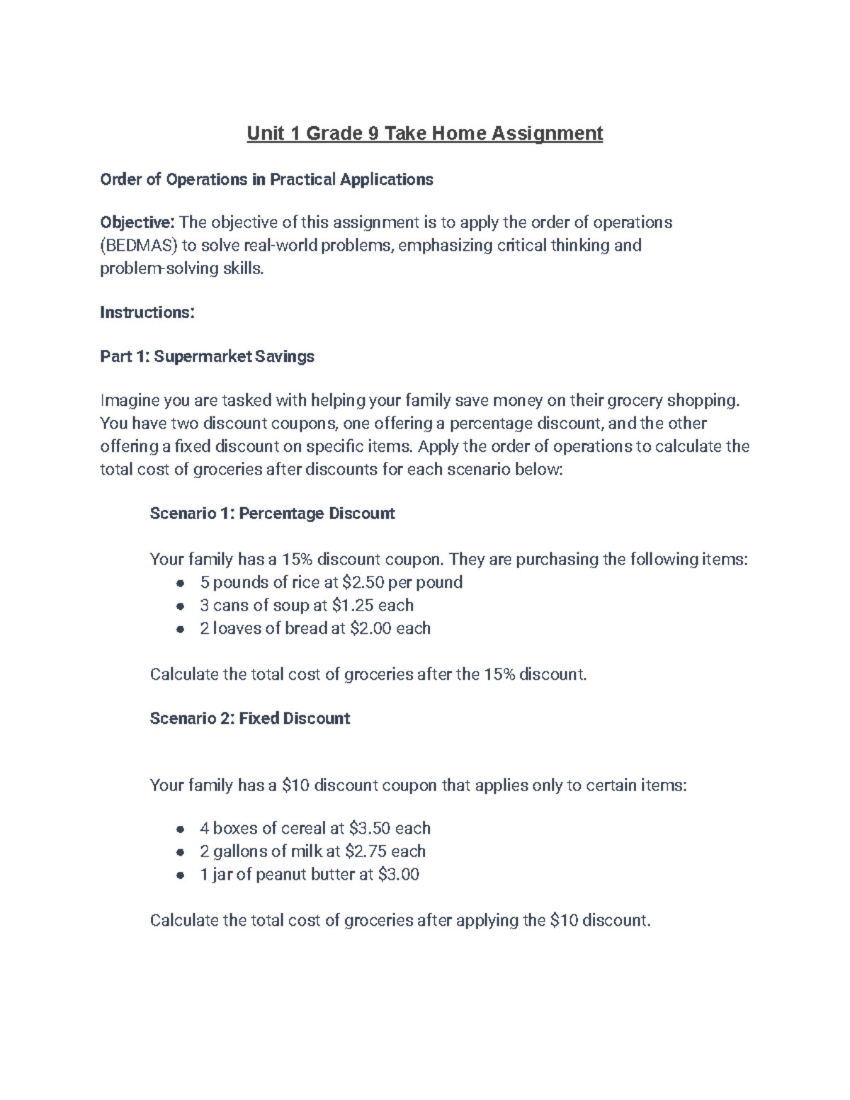 Unit 1 Grade 9 Take Home Assignment - Unit 1 Grade 9 Take Home ...