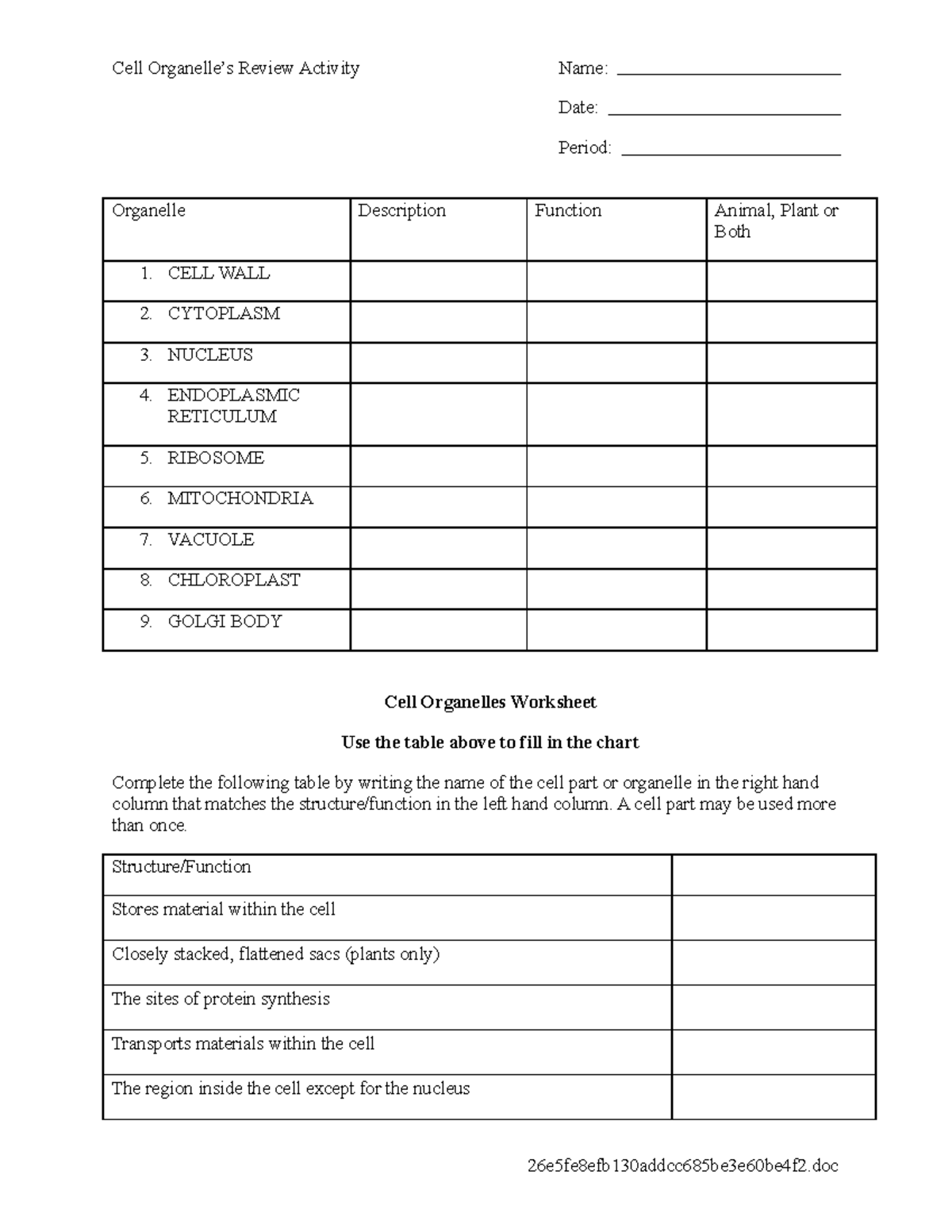 Cell organelles review activity - Cell Organelle’s Review Activity Name ...