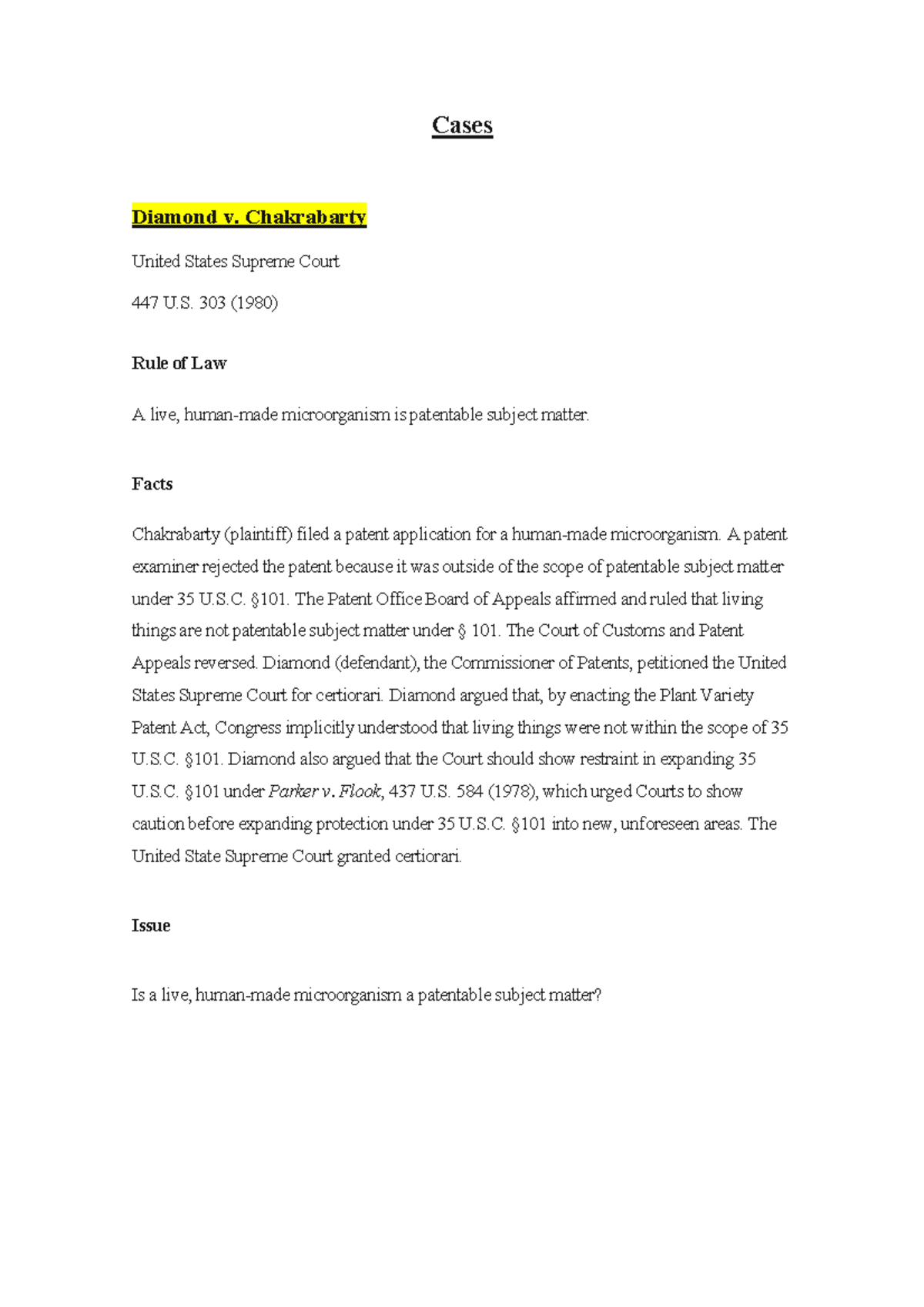 Cases - exam - Cases Diamond v. Chakrabarty United States Supreme Court ...