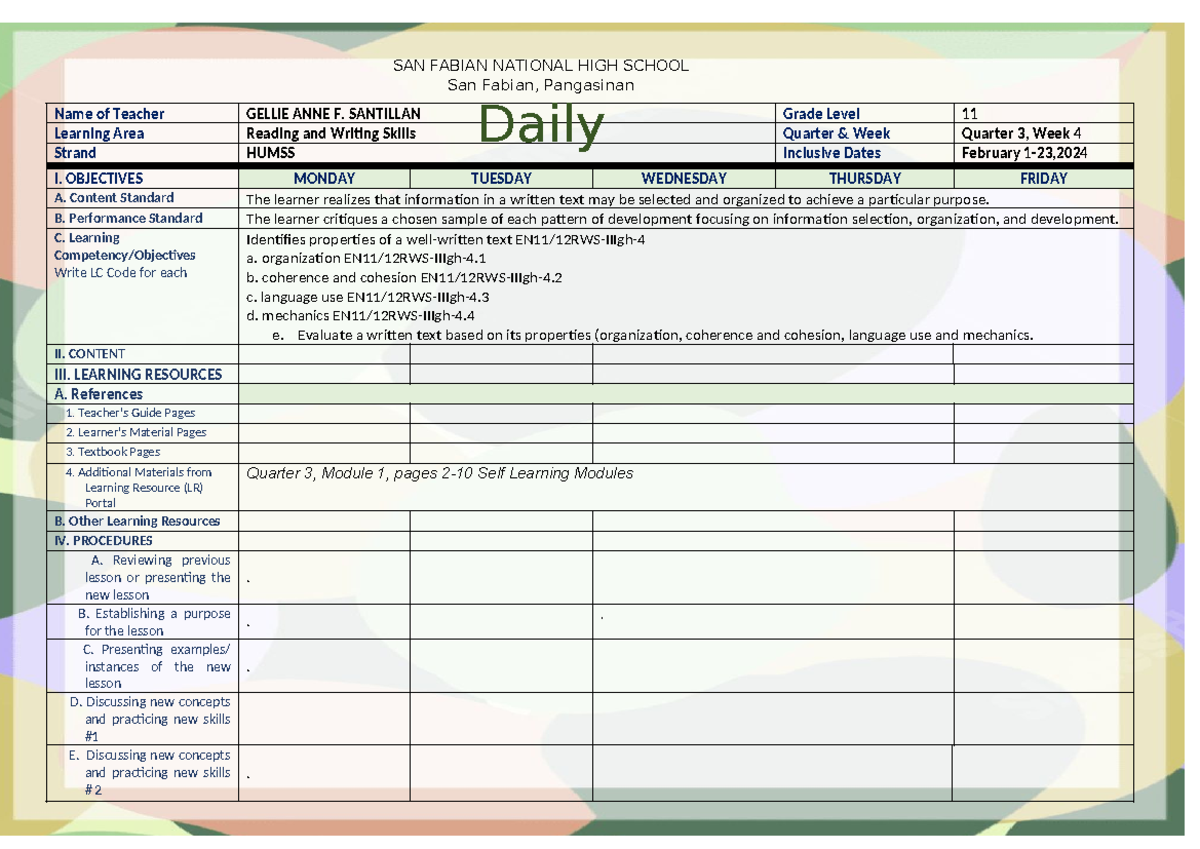 Rws-Q3-WEEK 1 template 3 - Name of Teacher GELLIE ANNE F. SANTILLAN ...