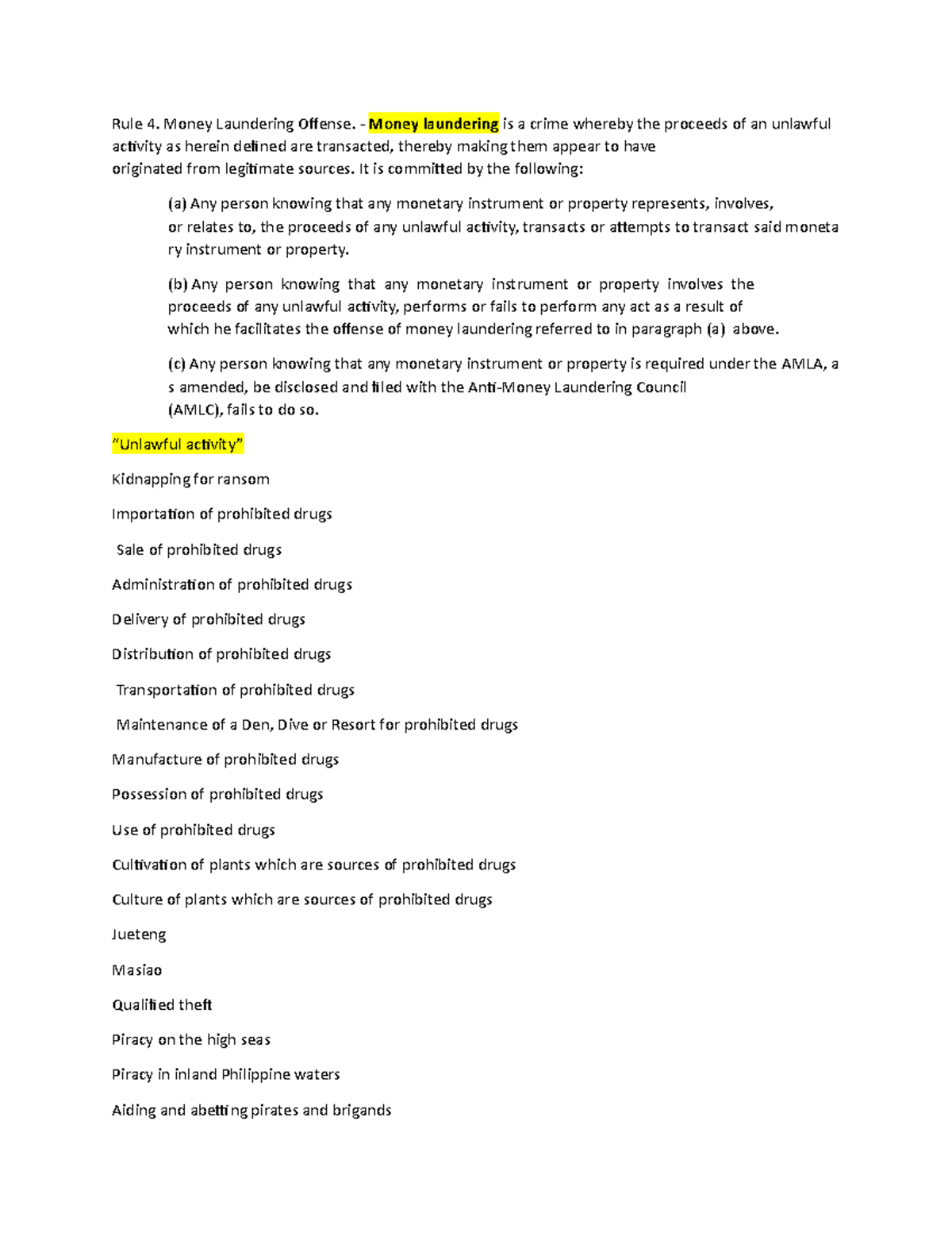 Rule - Rules and reg - Rule 4. Money Laundering Offense. ‐ Money - Studocu