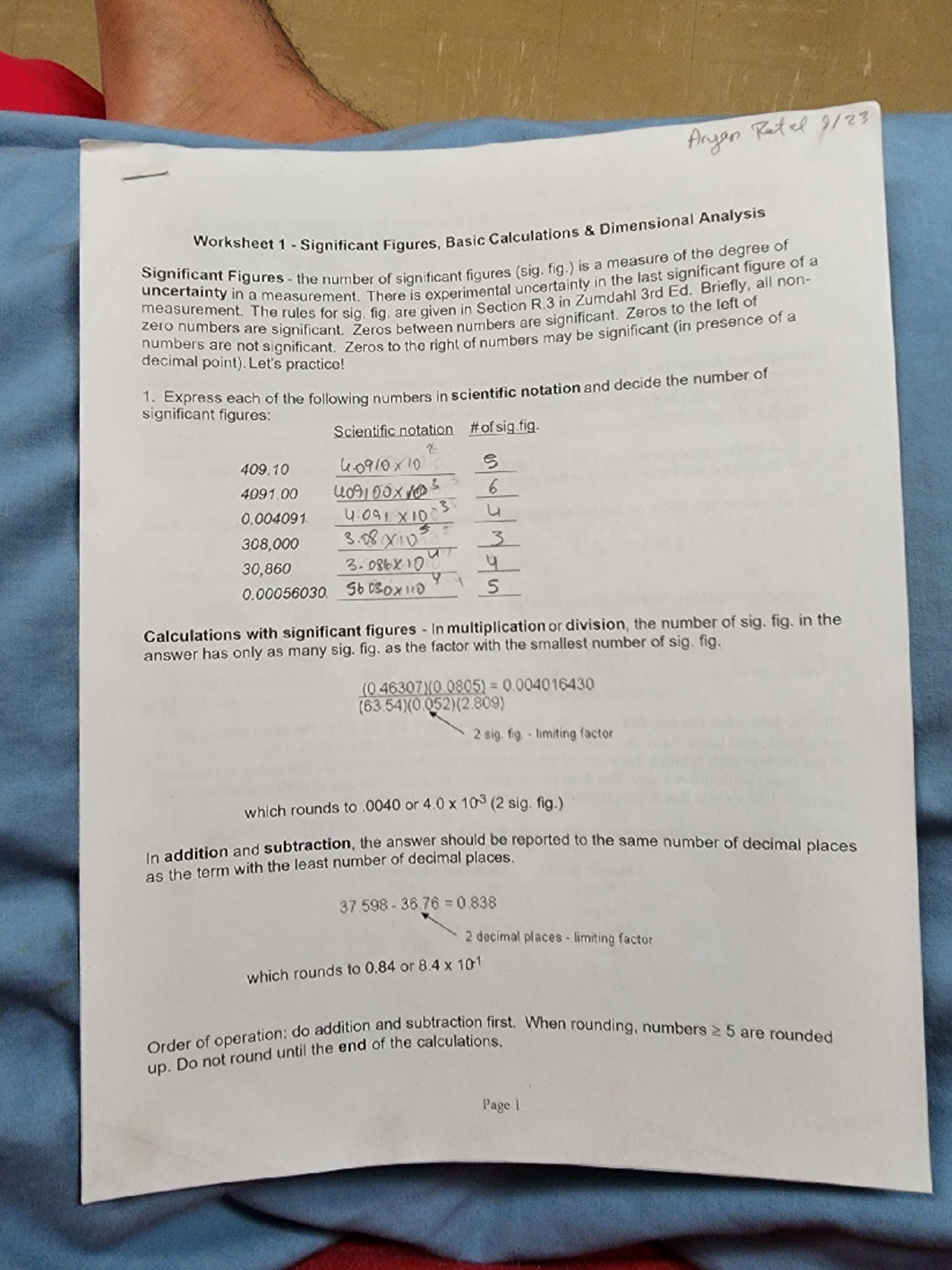 Work 1 - Significant figures, basic calculations, and dimensional ...
