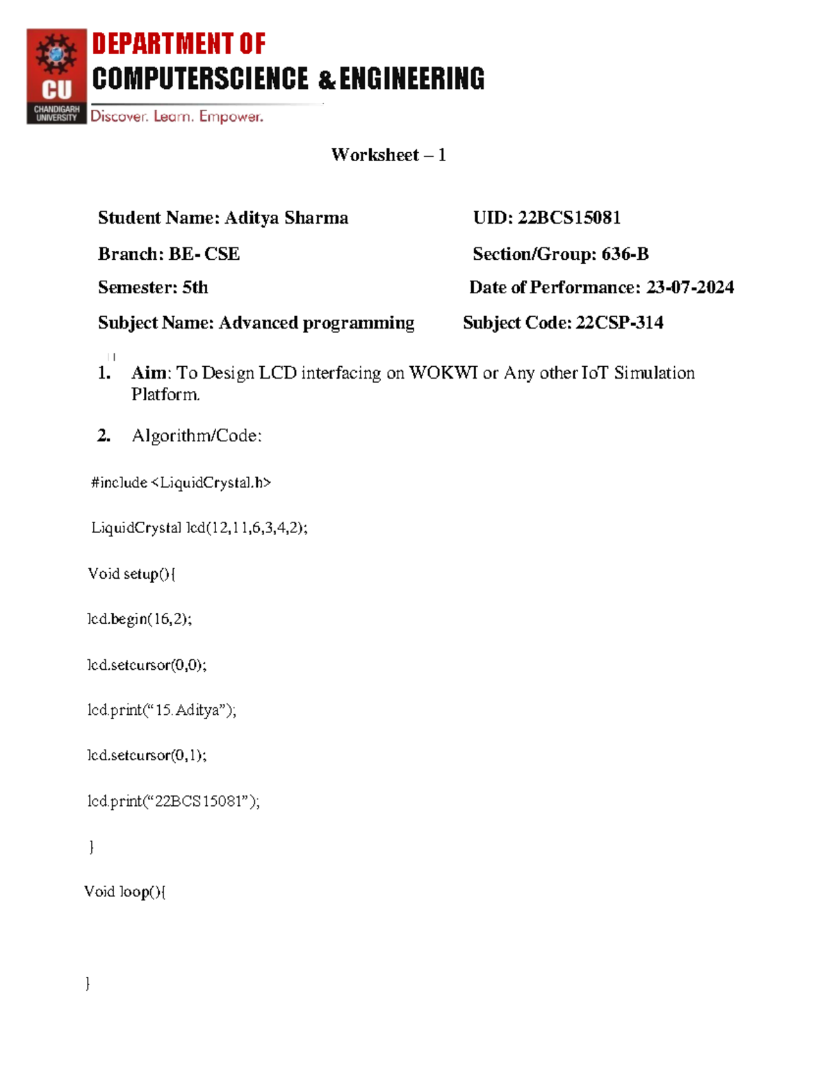 Aditya iot Assign-1 - go for it - DEPARTMENT OF COMPUTERSCIENCE & ENGINEERING Worksheet – 1 ...