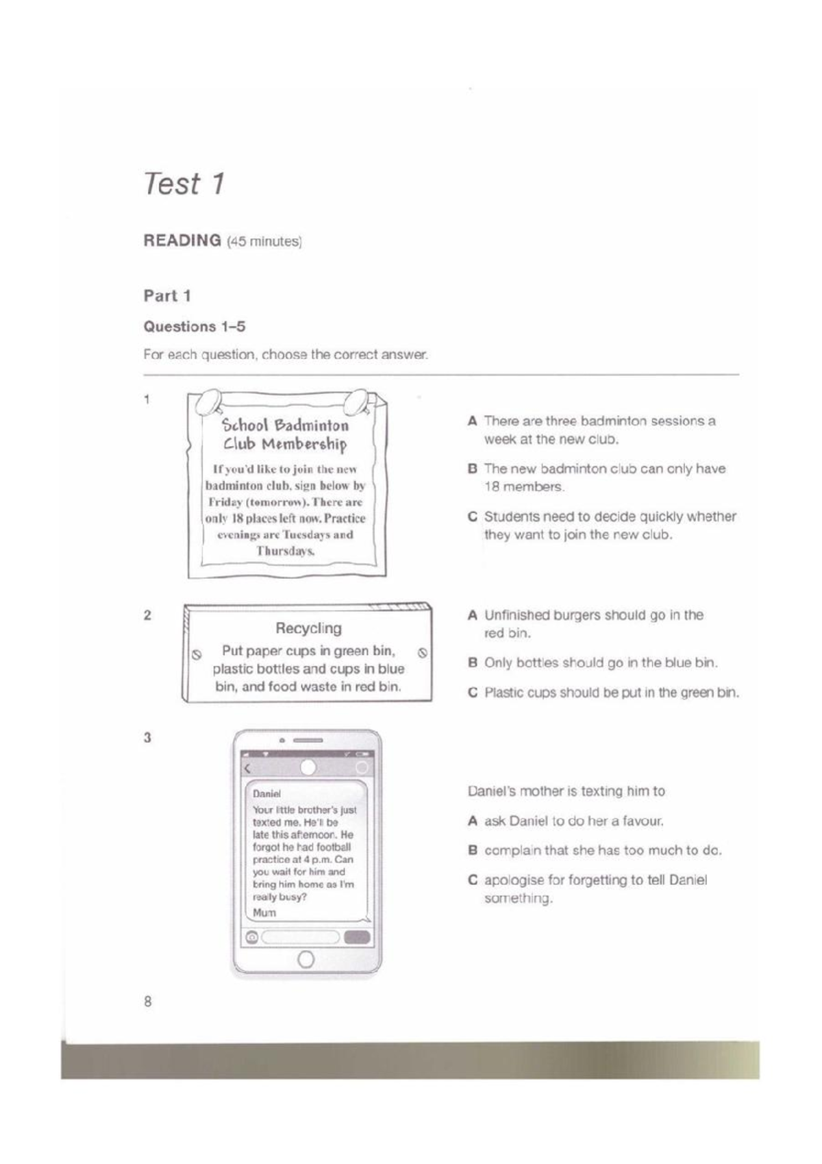 TEST 1 - test 1 - Test 1 READING (45 minutes) Part 1 Questions For each ...