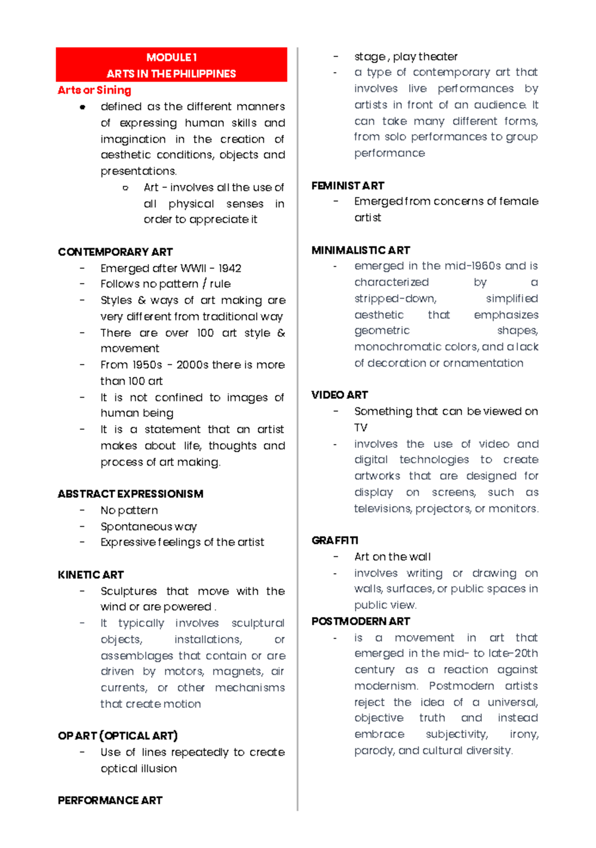 CPAR Notes - MODULE 1 ARTS IN THE PHILIPPINES Arts or Sining defined as ...