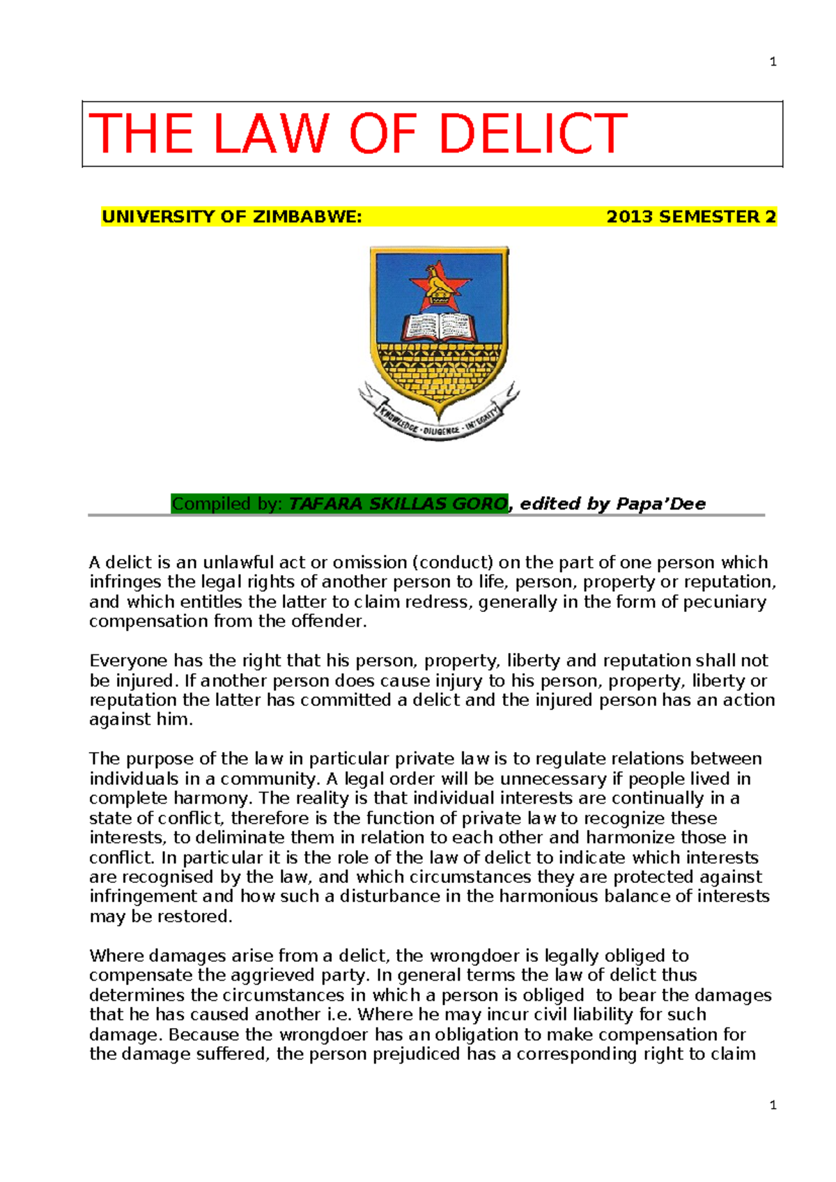 LAW OF Delict Notes, Mahere 2013 - THE LAW OF DELICT UNIVERSITY OF ...