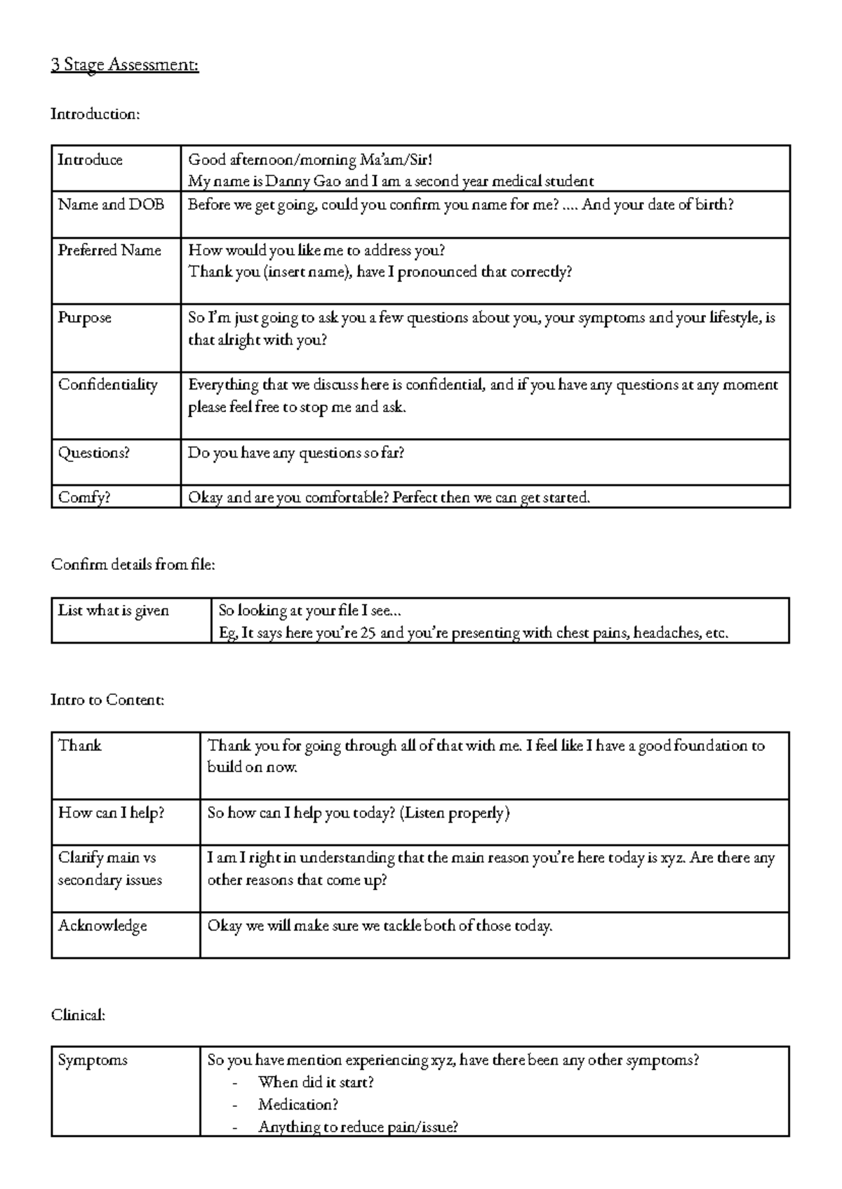 Fam Med OSCE Script - 3 Stage Assessment: Introduction: Introduce Good ...