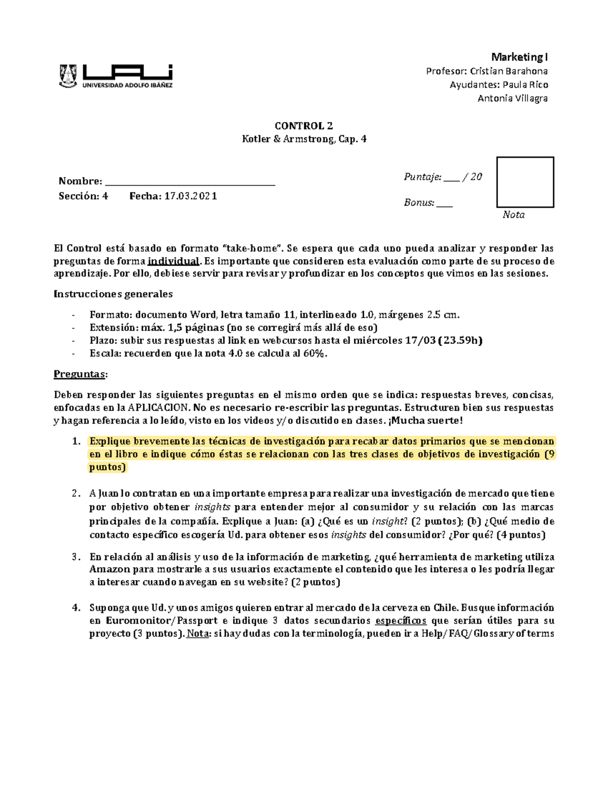 Pauta Control 2 - Marketing I Profesor: Cristian Barahona Ayudantes ...