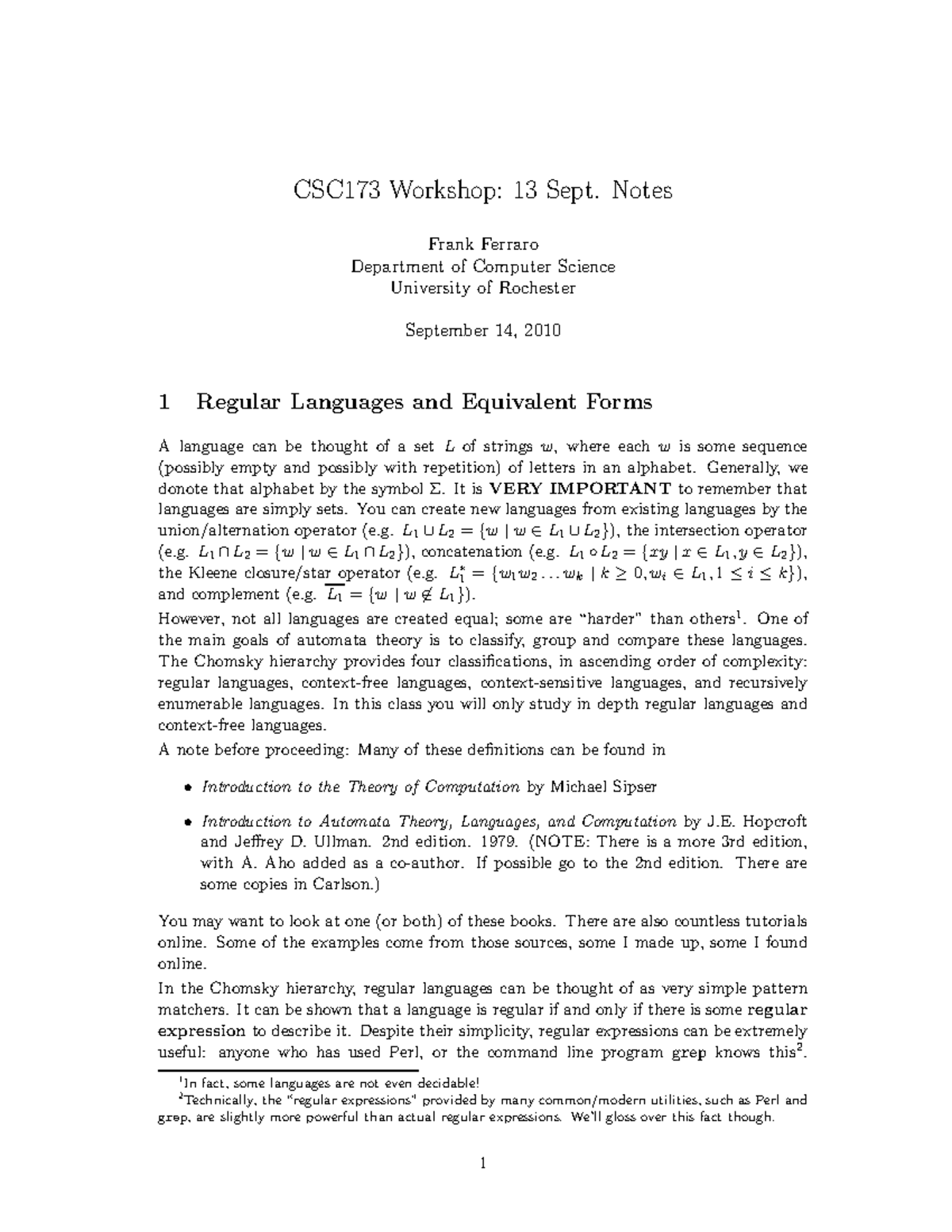 DPDA NPDA comp 335 - CSC173 Workshop: 13 Sept. Notes Frank Ferraro ...