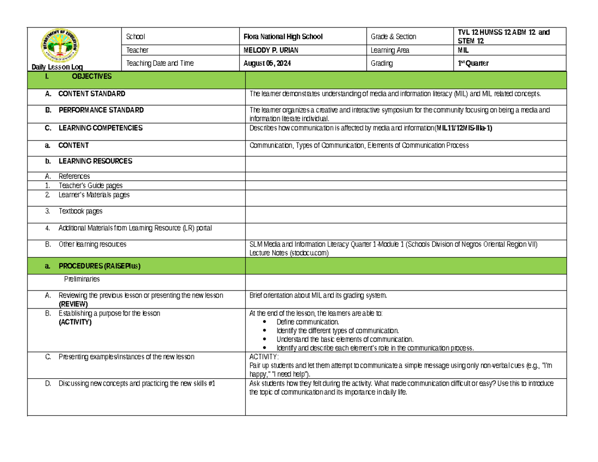 Media and Information Literacy Lesson Plan - Daily Lesson Log School ...