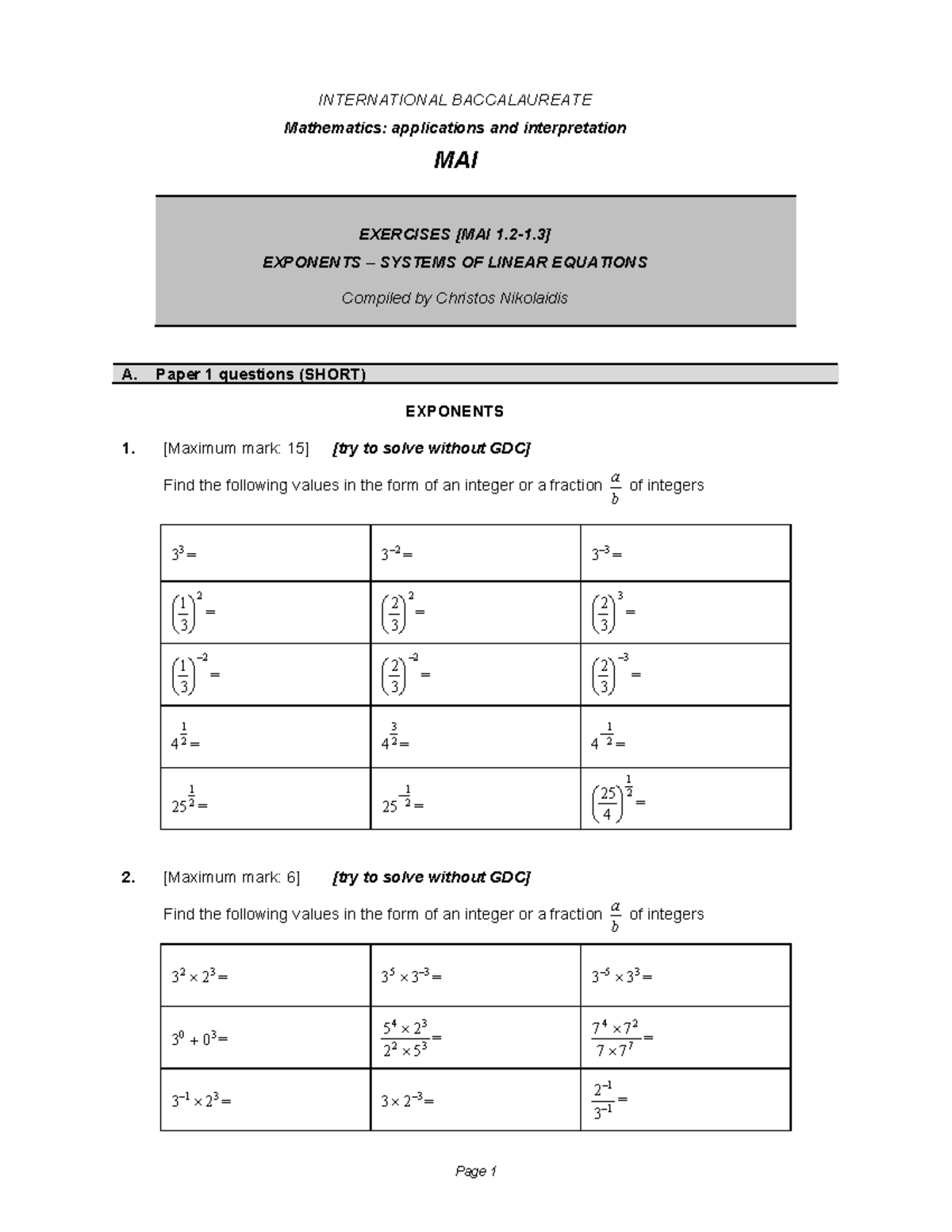 [MAI 1.2-1.3] Exponents - Systems OF Linear Equations - INTERNATIONAL ...
