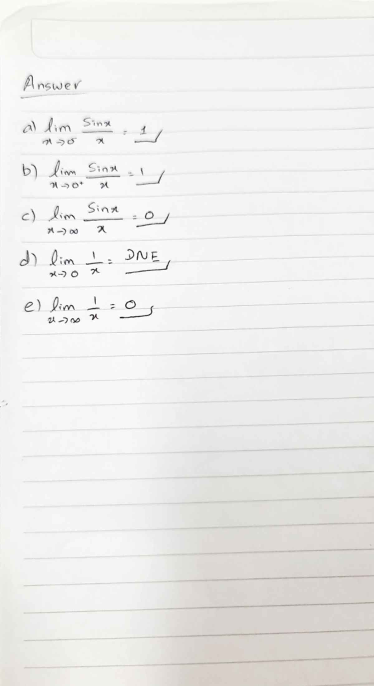 Limit - math - 1017SCG - Answer a) lim Sinx = 1 a 5 x b) lim Sinx = n ...