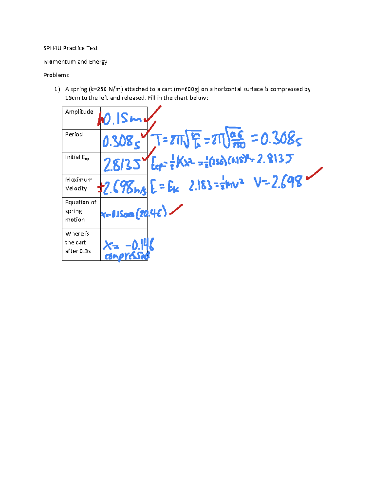 Practise Test (My answers) - SPH4U Practice Test Momentum and Energy ...