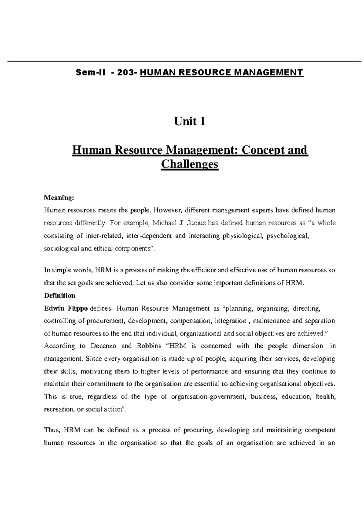 203 HRM Notes F - Sem-II - 203 - HUMAN RESOURCE MANAGEMENT Unit 1 Human ...