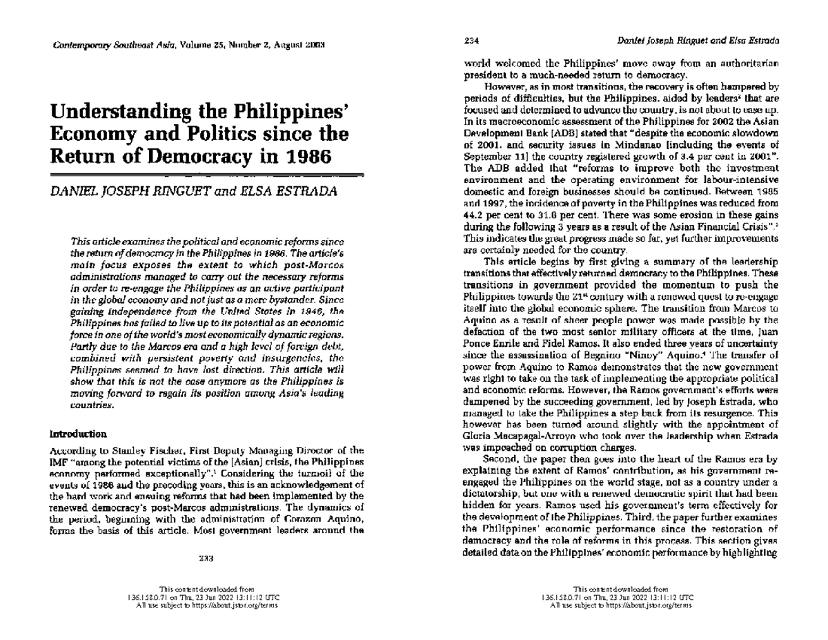 Understanding the Philippines' Economy and Politics since the Return of ...