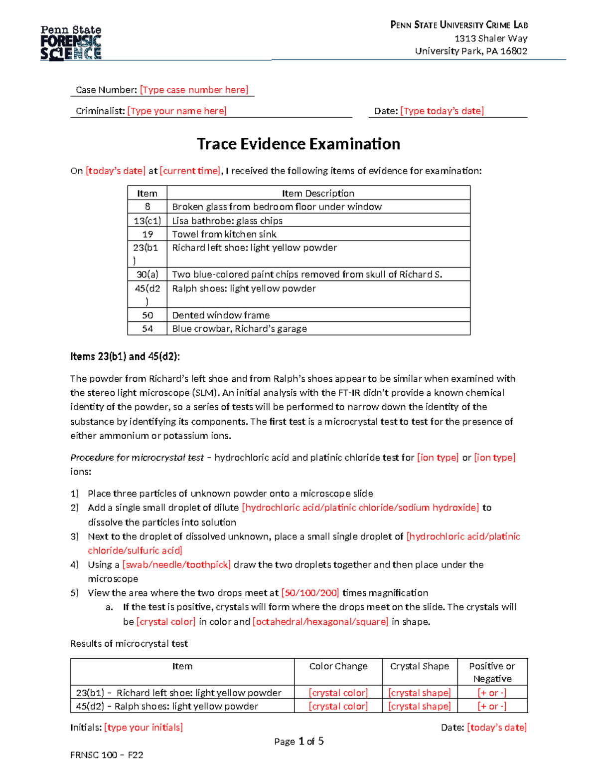 Case Notes - Trace Evidence Exam-1 - 1313 Shaler Way University Park ...