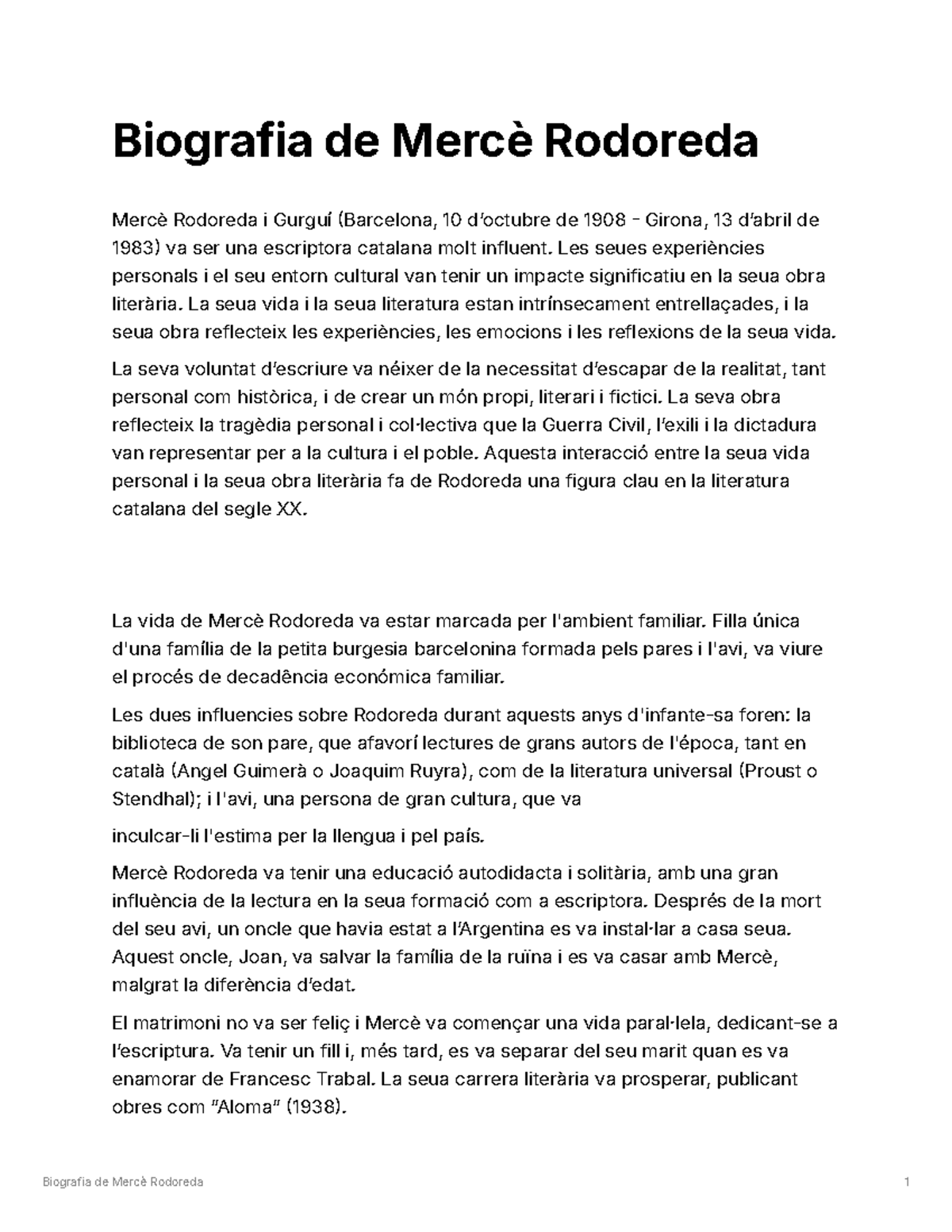 Biografia de Merce Rodoreda - Les seues experiències personals i el seu ...