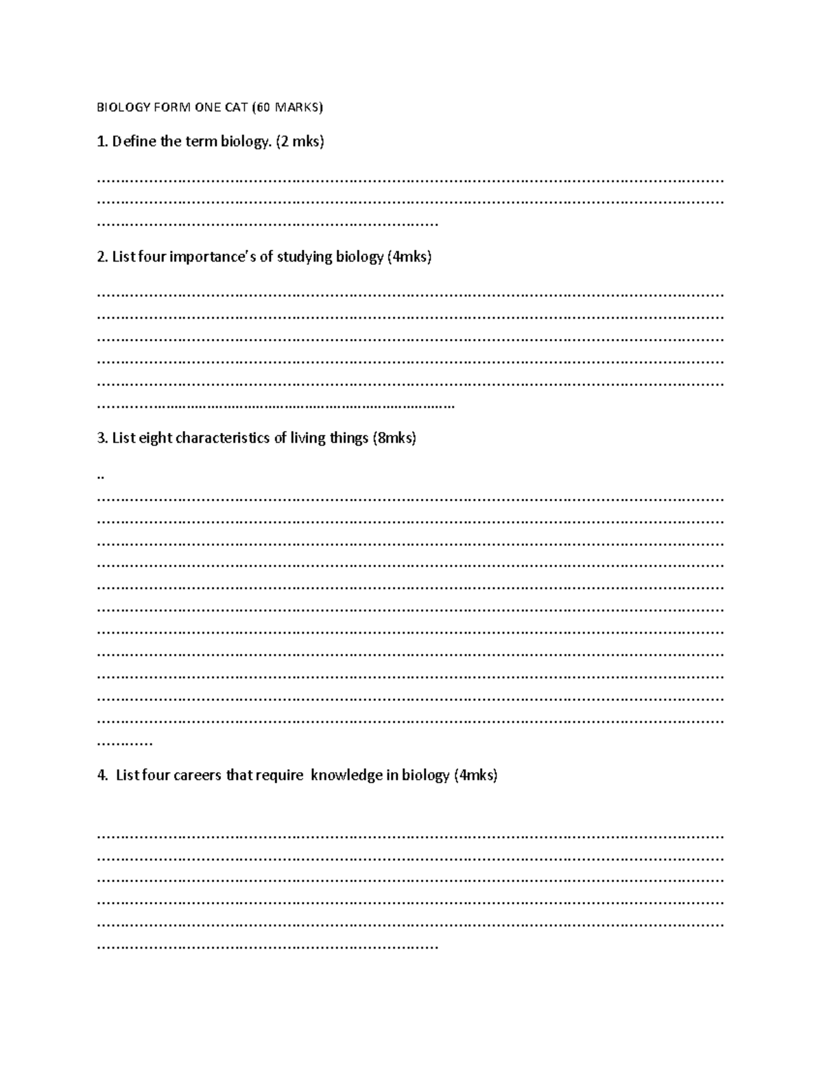 Biology FORM 1-4 CAT 2020 SET 3 - BIOLOGY FORM ONE CAT (60 MARKS ...