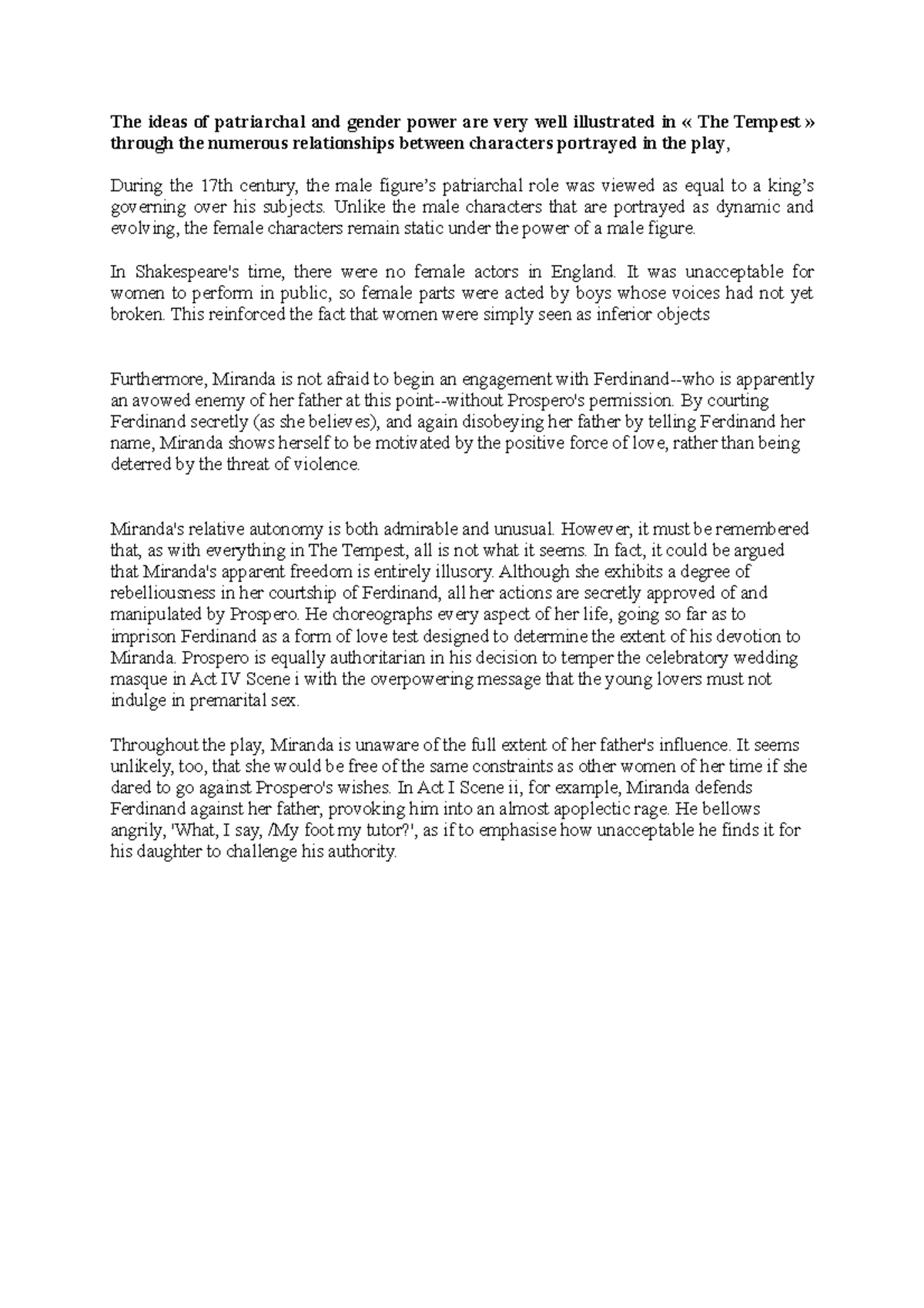 The Tempest Shakespeare - The ideas of patriarchal and gender power are ...