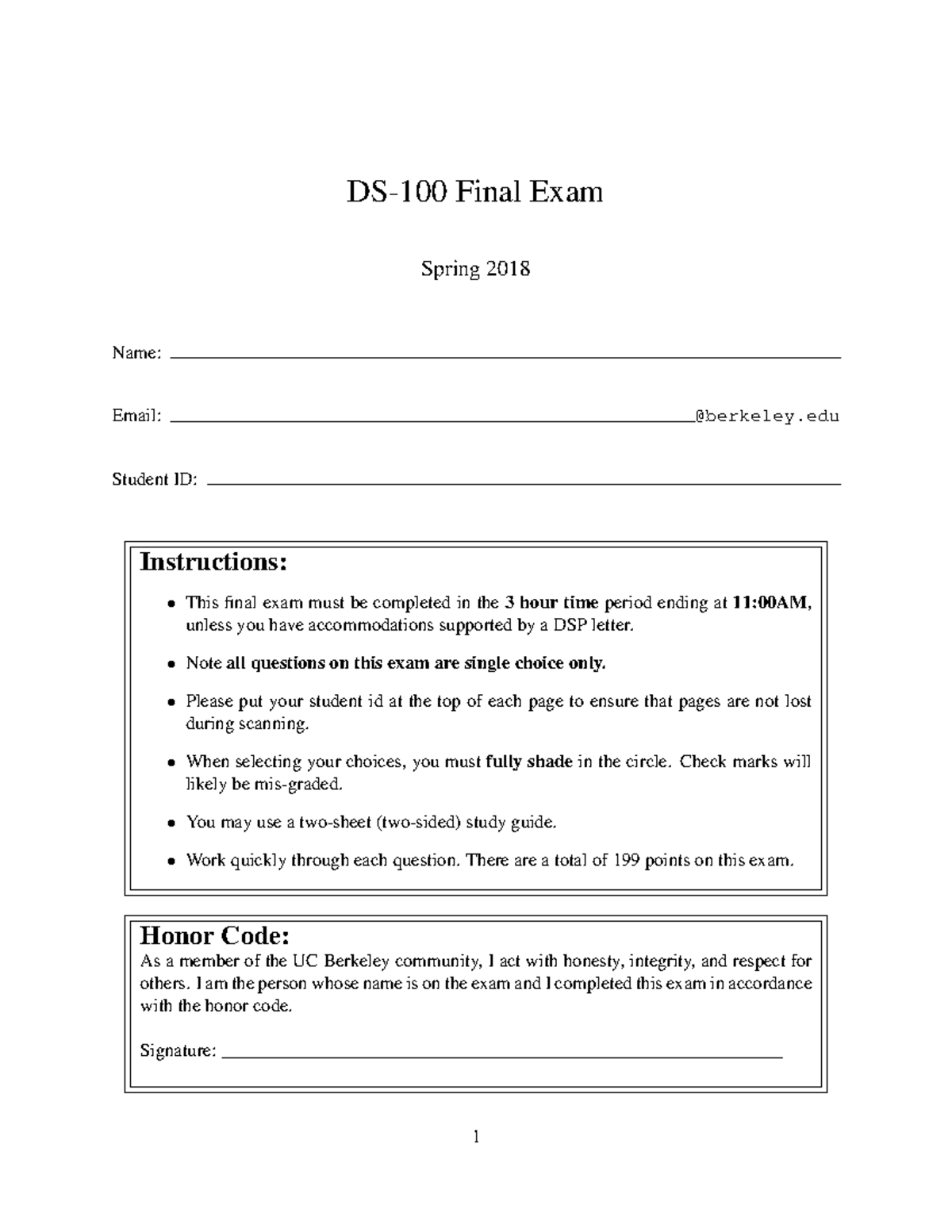 Sp18finalsol - abc - DS-100 Final Exam Spring 2018 Name: Email ...