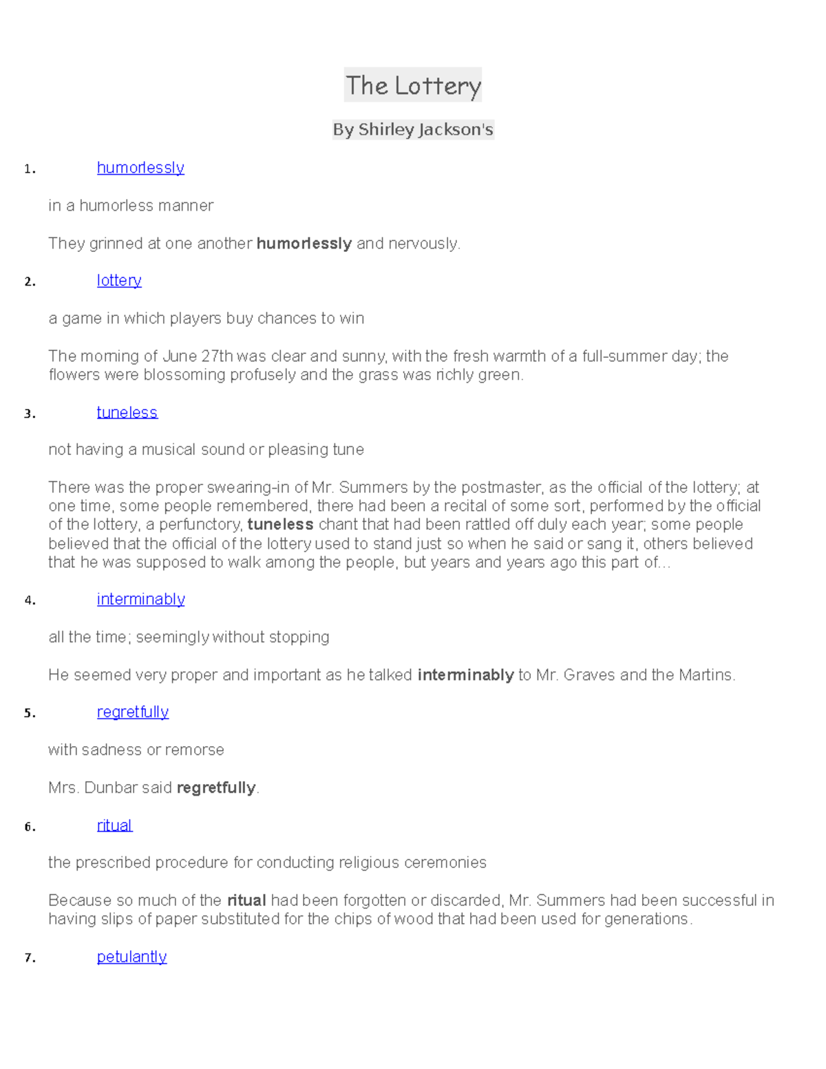 The Lottery Flashcard - bbffgfgff - The Lottery By Shirley Jackson's 1 ...