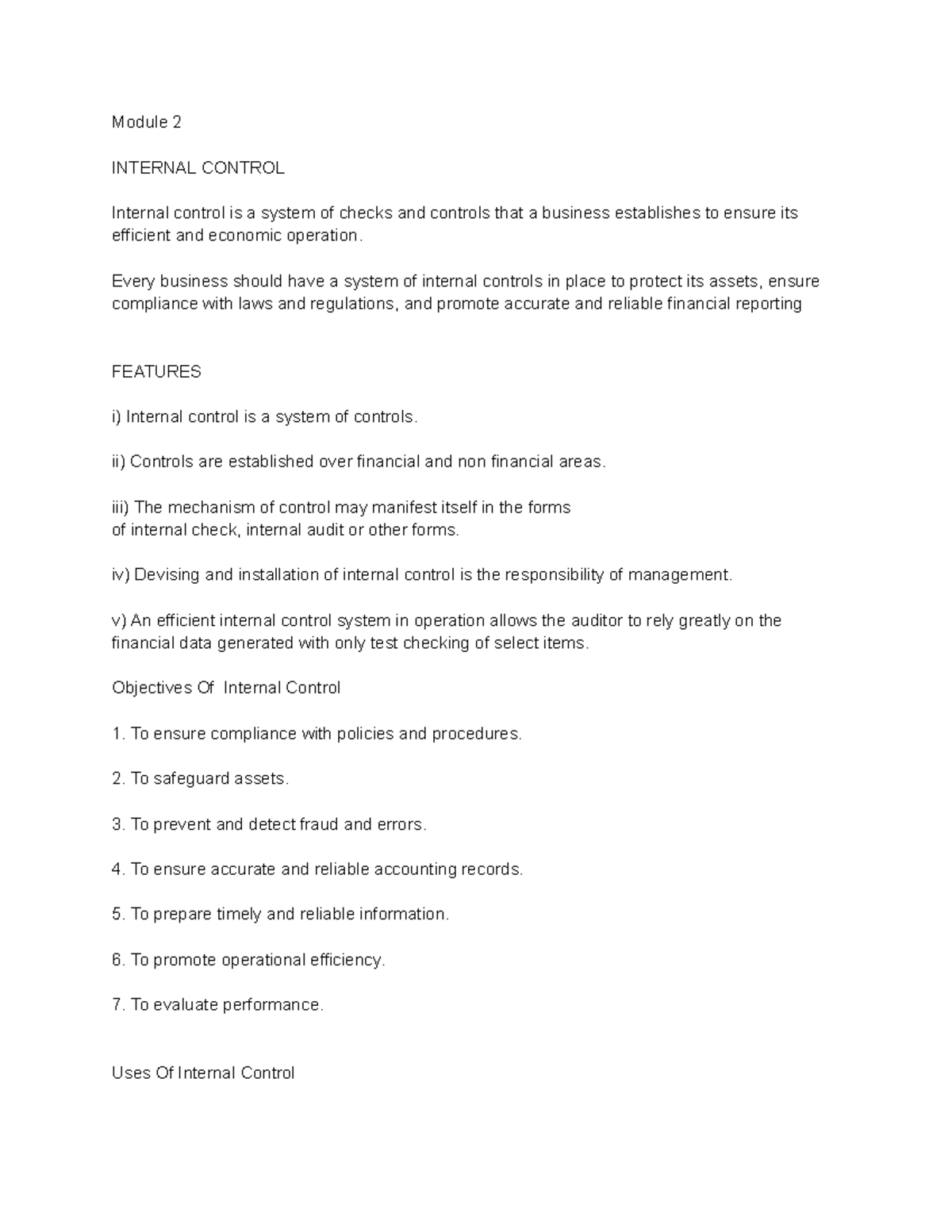 Auditing Module 2 MG University - Module 2 INTERNAL CONTROL Internal control is a system of ...