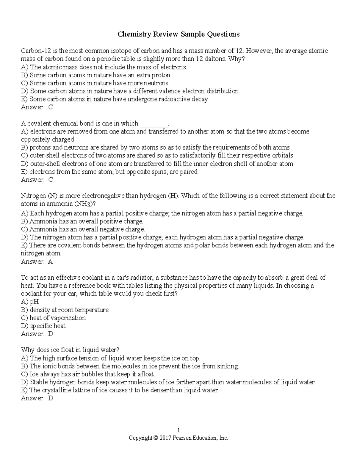 Chemistry Review Sample Questions with Answers - Chemistry Review ...