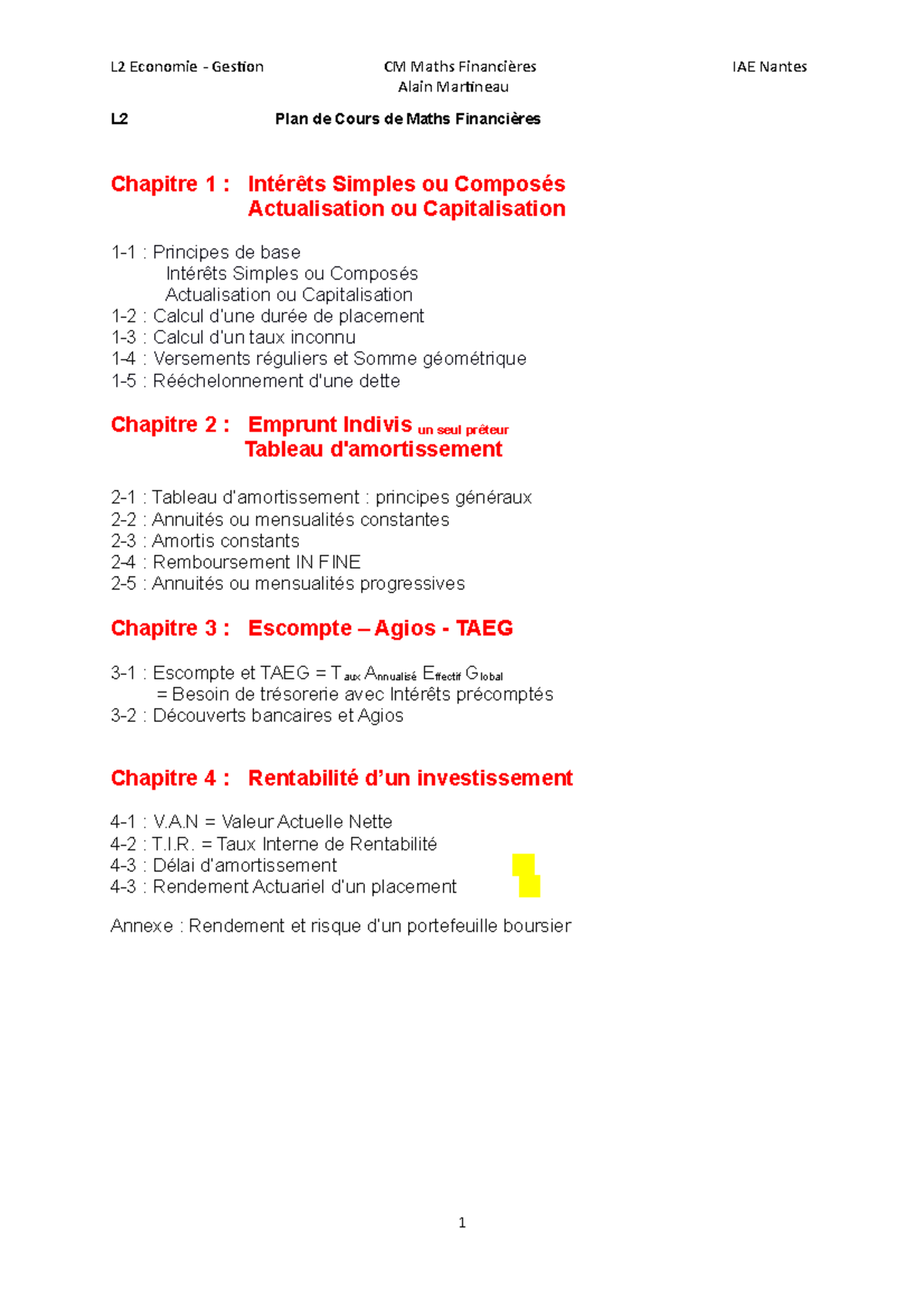 L2 CM Maths Financières - Alain Martineau L2 Plan de Cours de Maths Financières Chapitre 1 ...