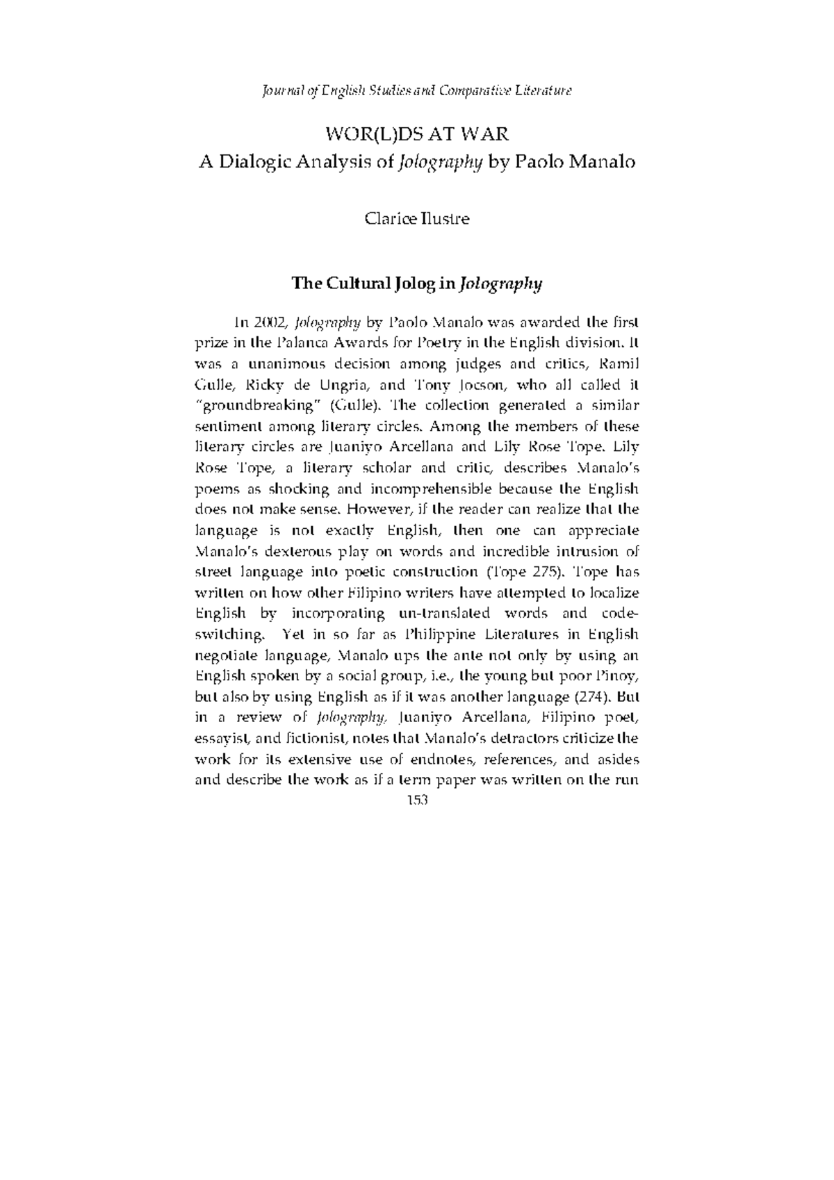 Jolography - Notes - WOR(L)DS AT WAR A Dialogic Analysis of Jolography ...